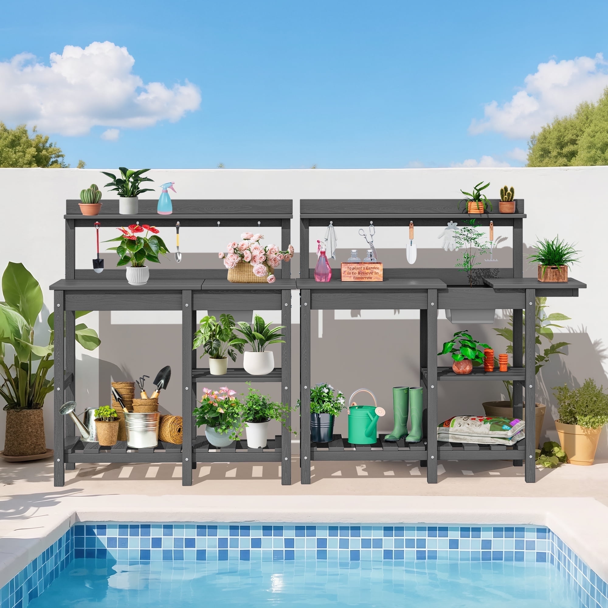 SERWALL Potting Bench Set of 2, Outdoor Potting Table with Sink, HDPE ...