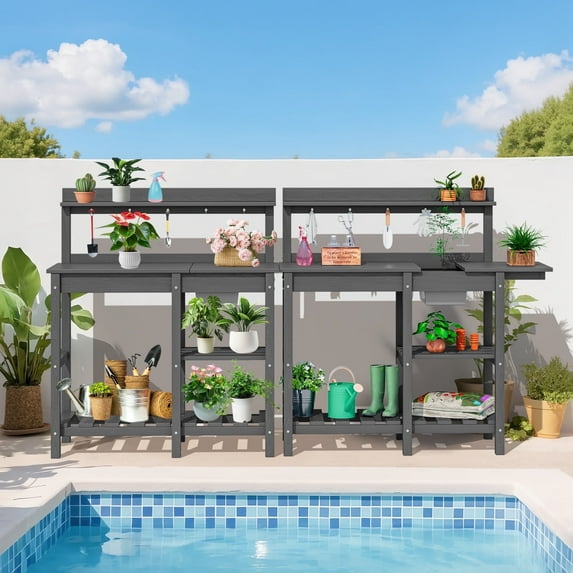 SERWALL Potting Bench Set of 2, Outdoor Potting Table with Sink, HDPE ...