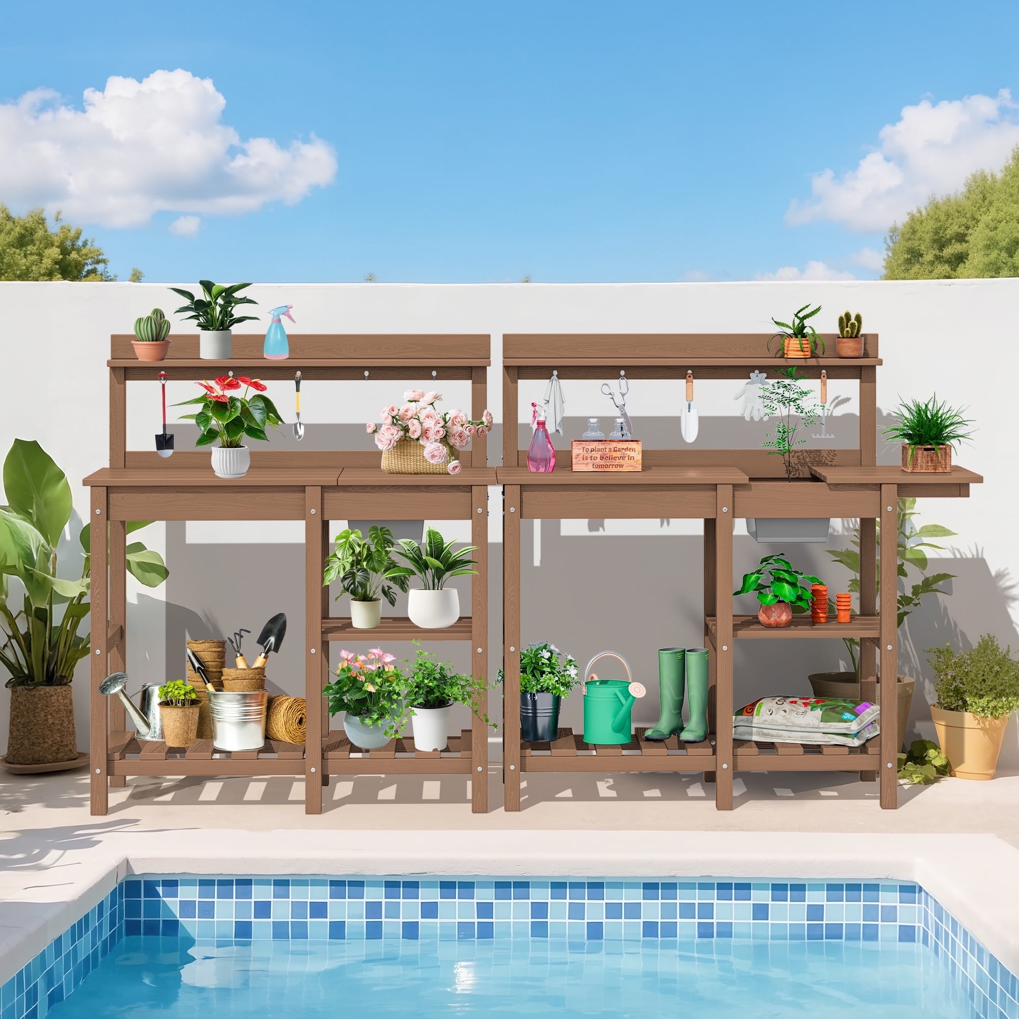 SERWALL Potting Bench Set of 2, Outdoor Potting Table with Sink, HDPE ...