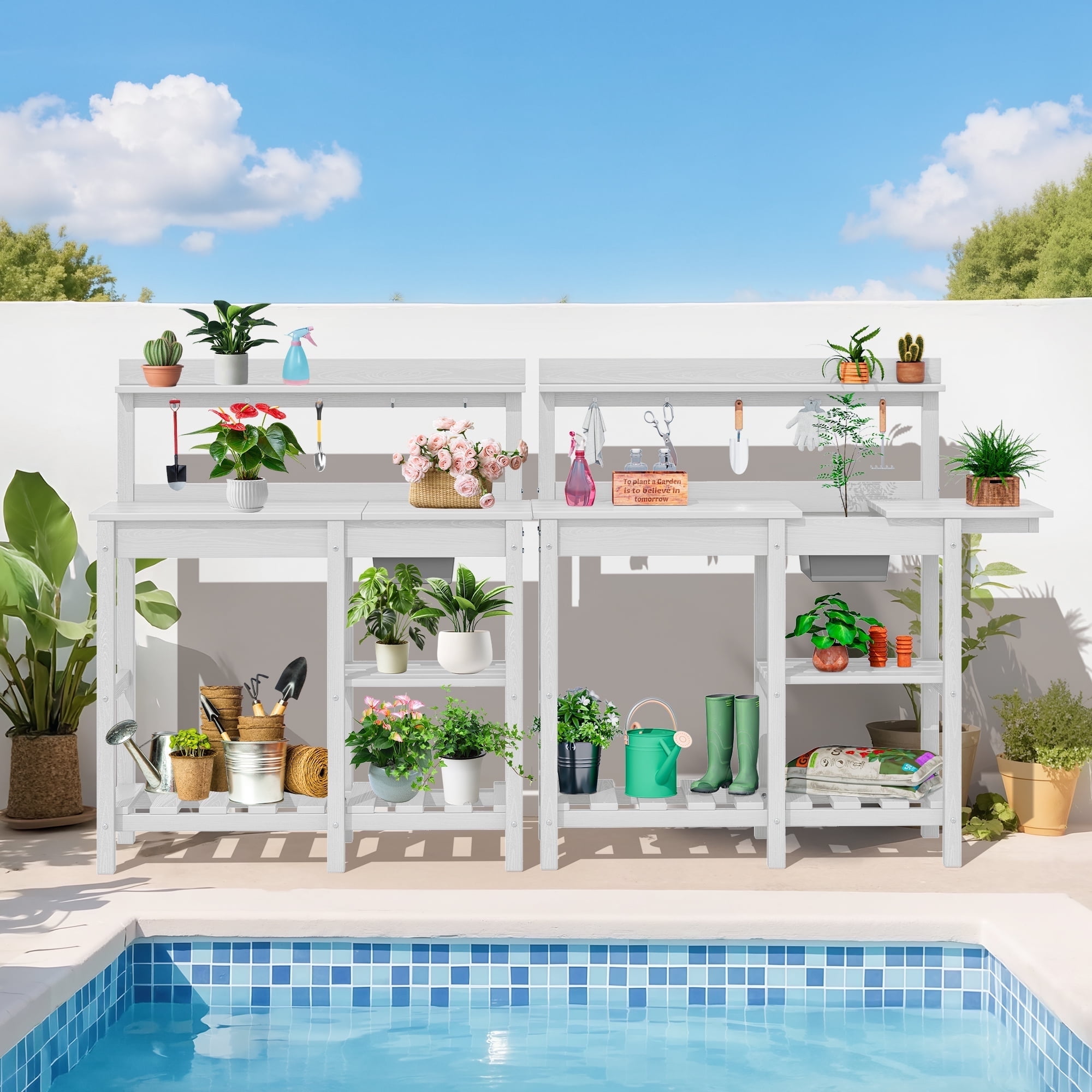 SERWALL Potting Bench Set of 2, Outdoor Potting Table with Sink, HDPE ...