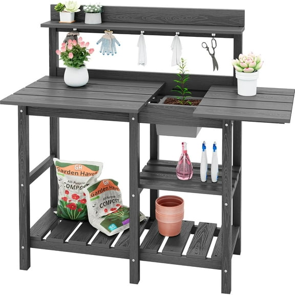 Northbeam Folding Wood Potting Bench with Ample Shelf Space - Brown ...