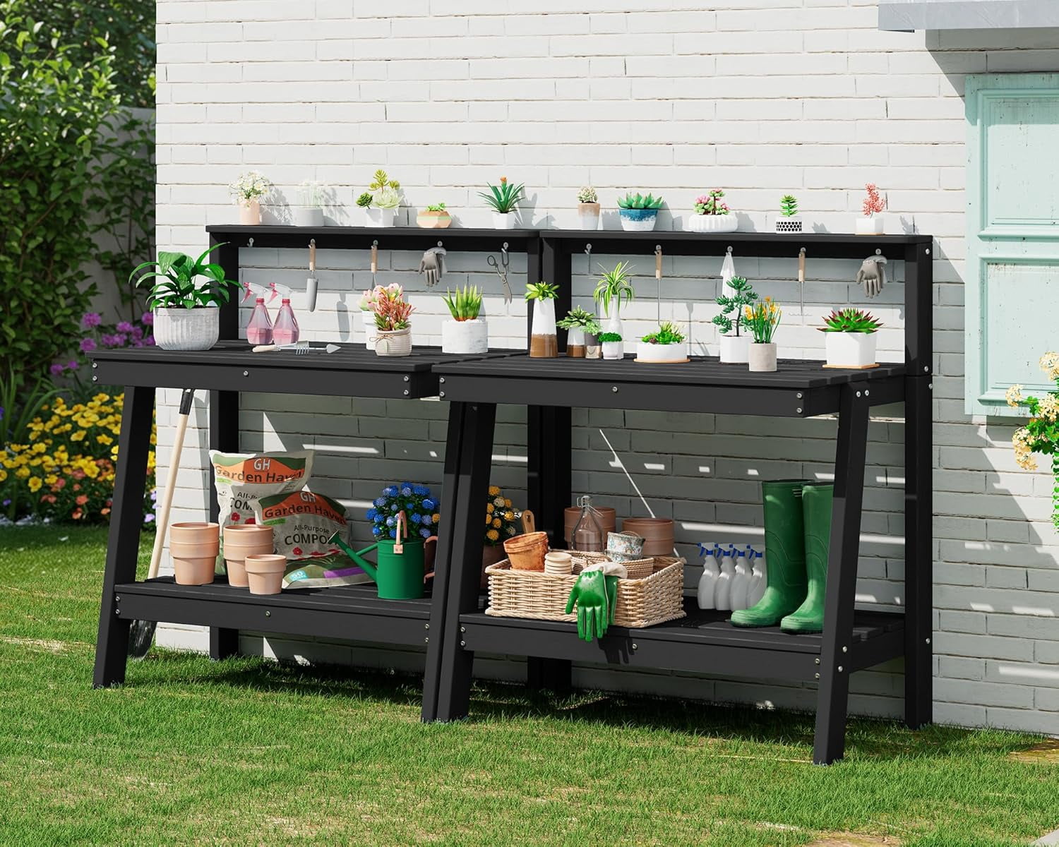 SERWALL Potting Outdoor with Storage Set of 2, 3-Tier HDPE Gardening ...