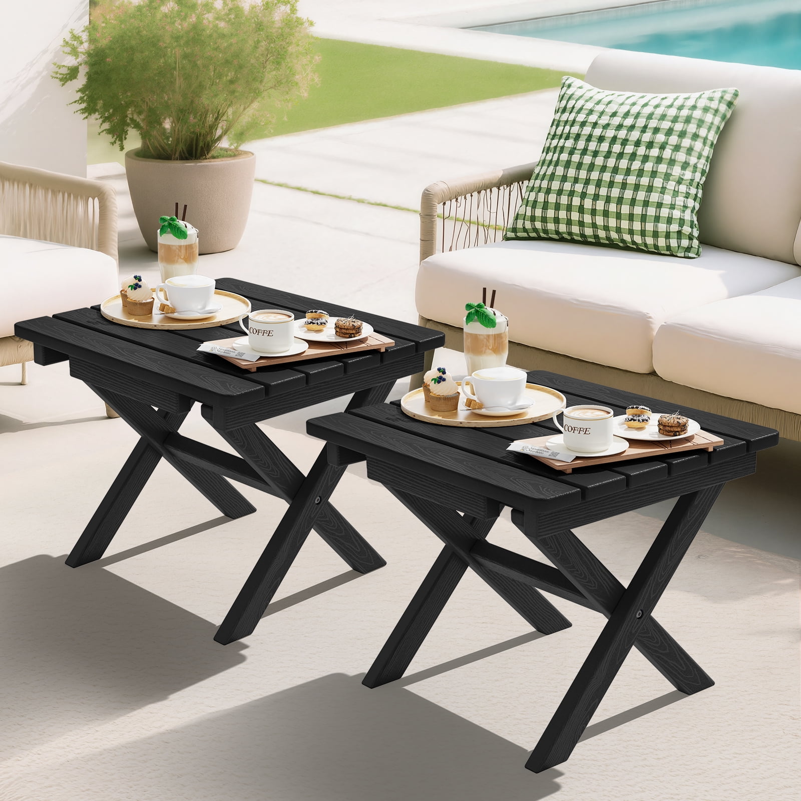 SERWALL Small Folding Side Table set 2, Outdoor HDPE All Weather ...