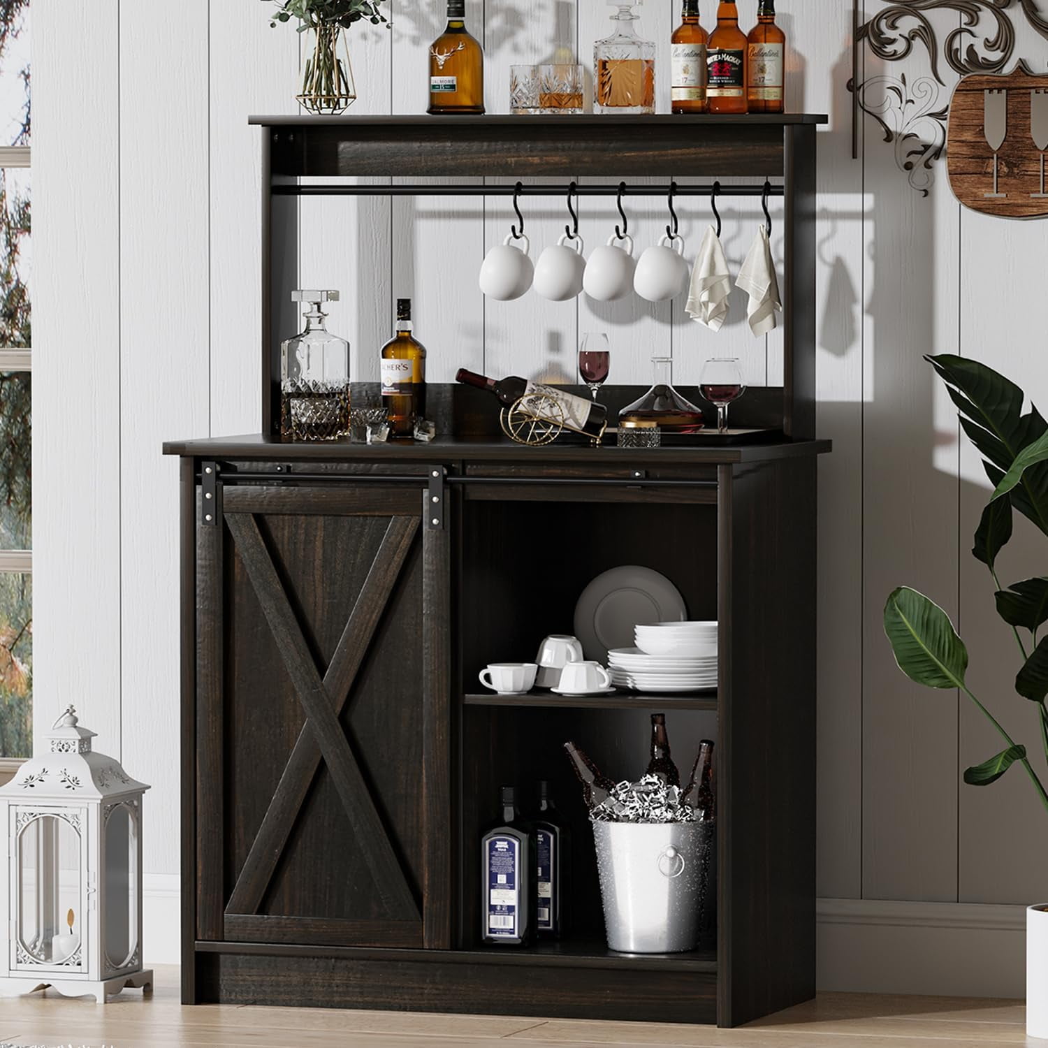SESAC Farmhouse Coffee Bar Hutch with Sliding Barn Door, 50’’ Coffee Bar Cabinet with 6 Hooks ...