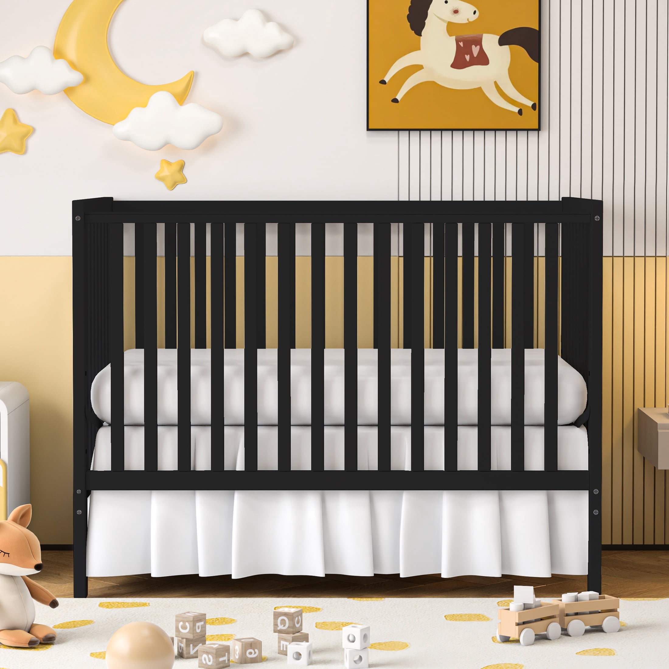 Sesslife 5-In-1 Convertible Crib, Black Baby Bed, Adjustable Mattress ...