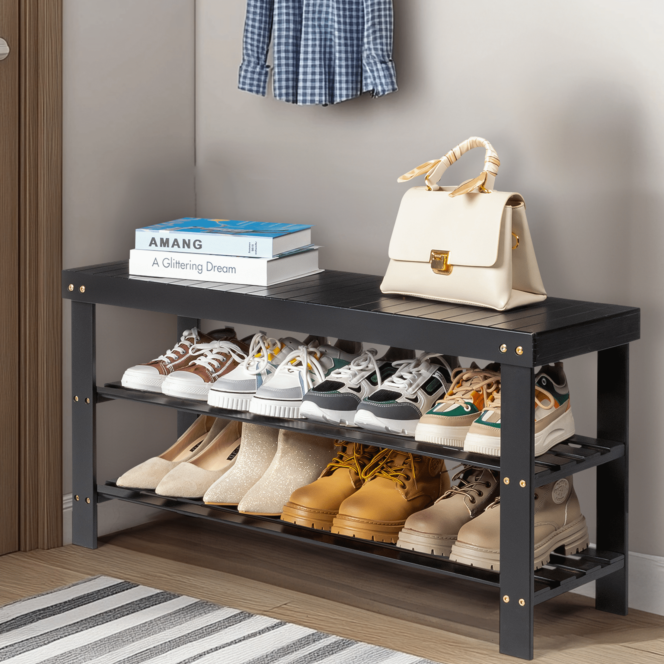 SESSLIFE 3-Tier Shoe Bench，Small Shoe Storage Bench, Storage Shoe Shelf ...