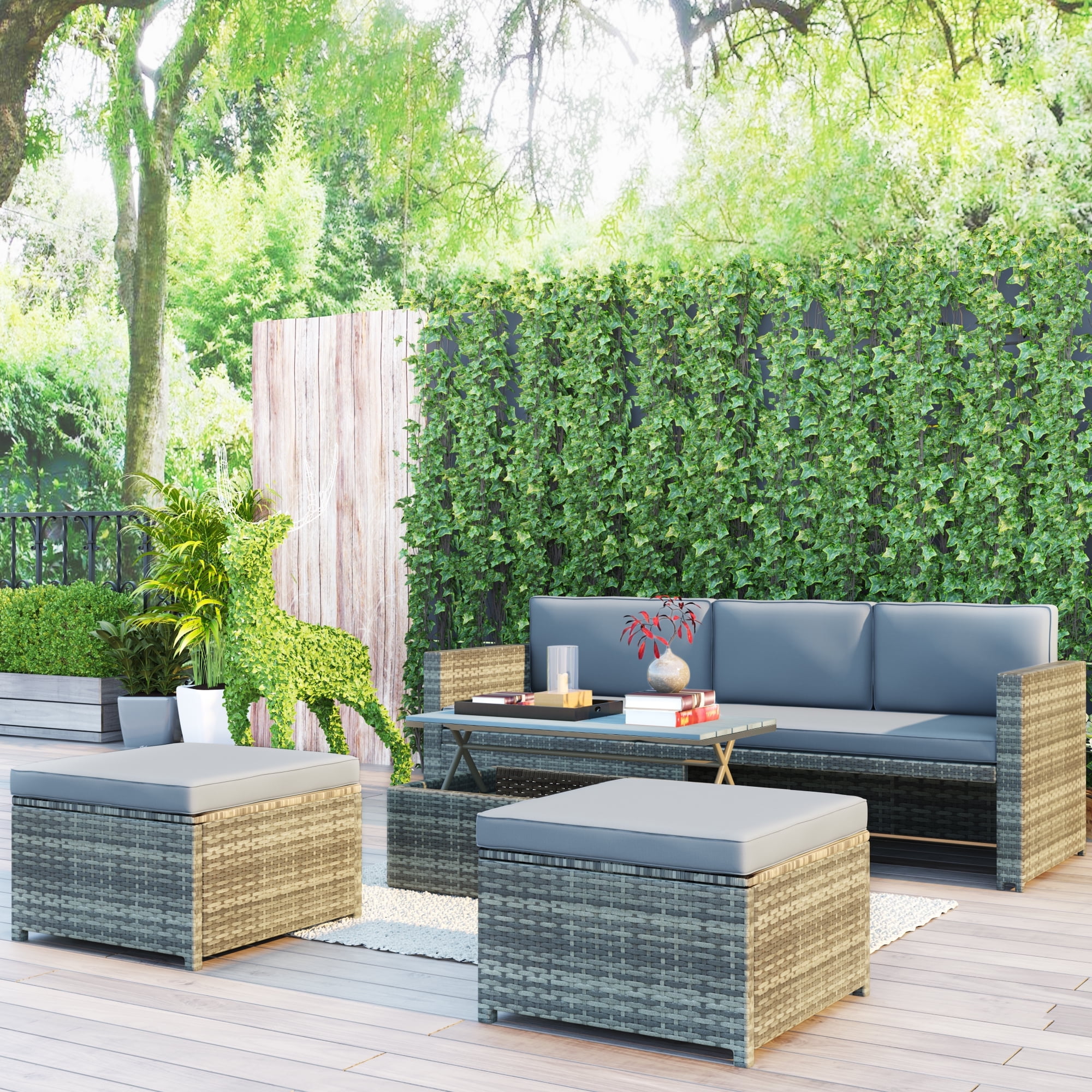 ENYOPRO 4-piece Patio Sofa Set, Gray Wicker Sectional Furniture Outdoor ...