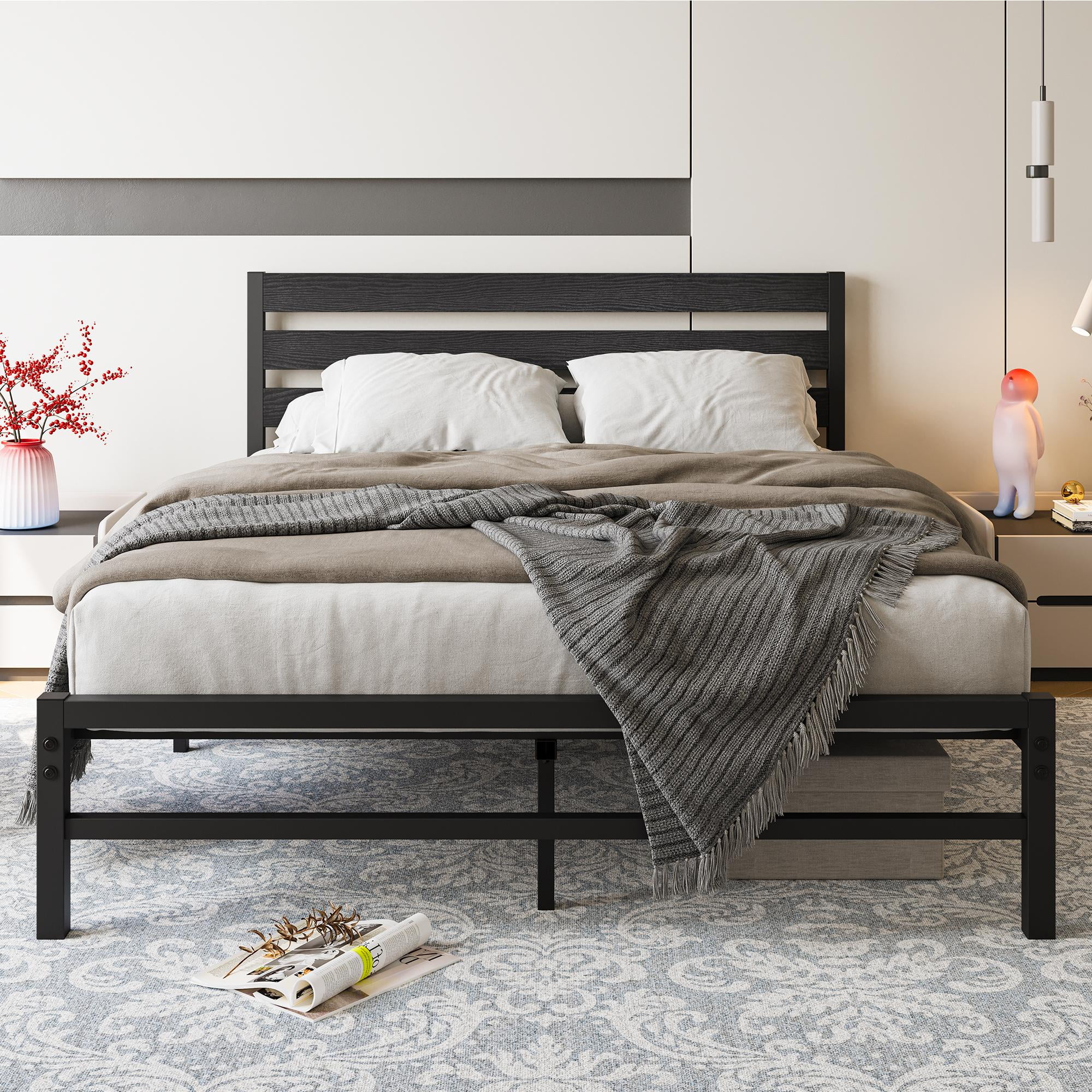 SESSLIFE Black Queen Metal Bed Frame, High Metal Platform Bed w/ Wood ...