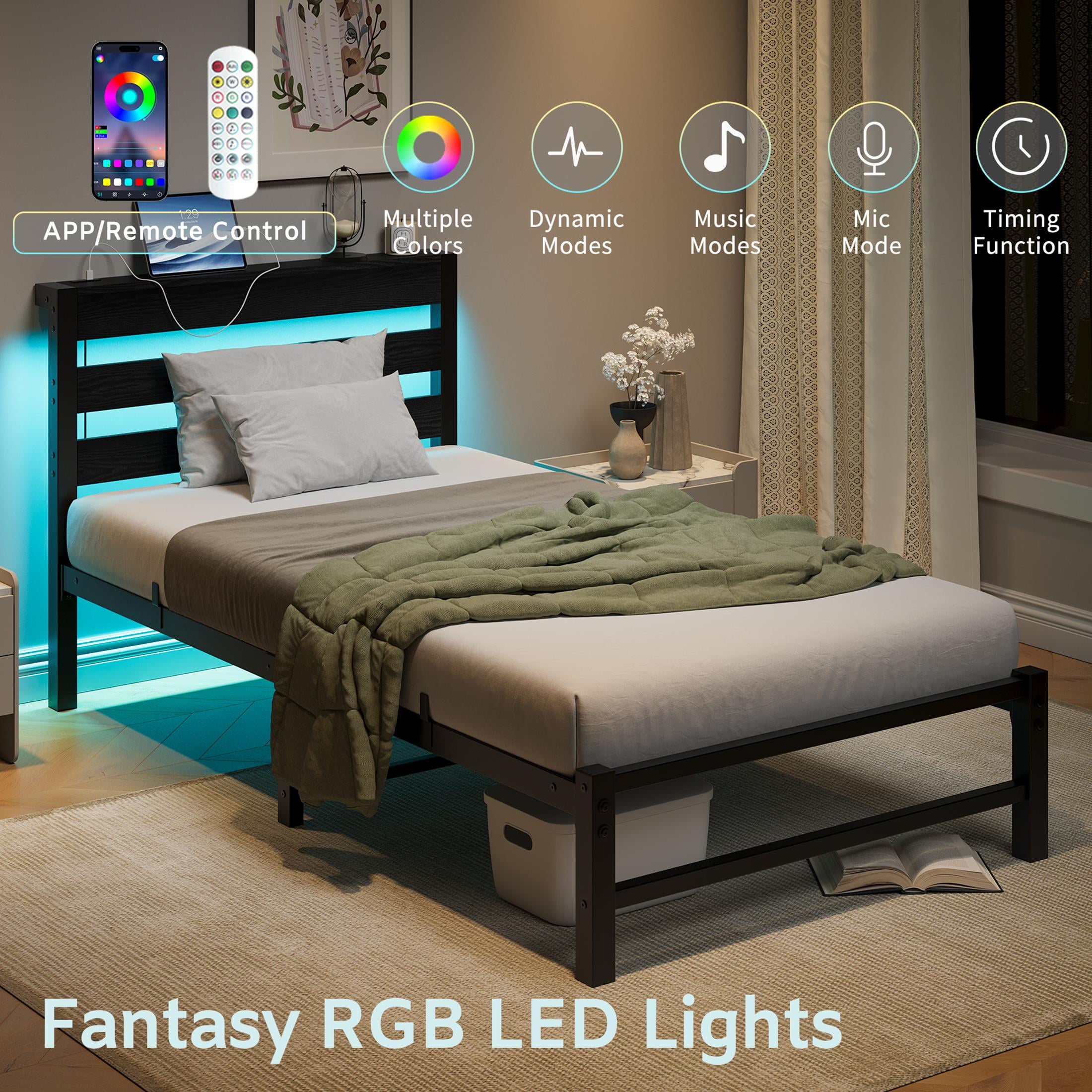 Customer reviews for SESSLIFE Black Twin Metal Bed Frame with LED Light ...