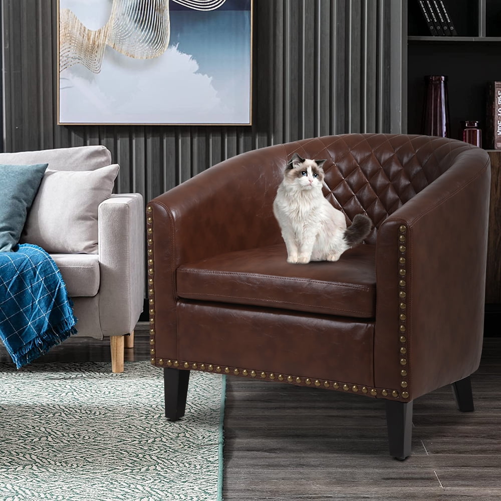 SESSLIFE Classic Brown Leather Upholstered Accent Arm Chair Soft Barrel ...