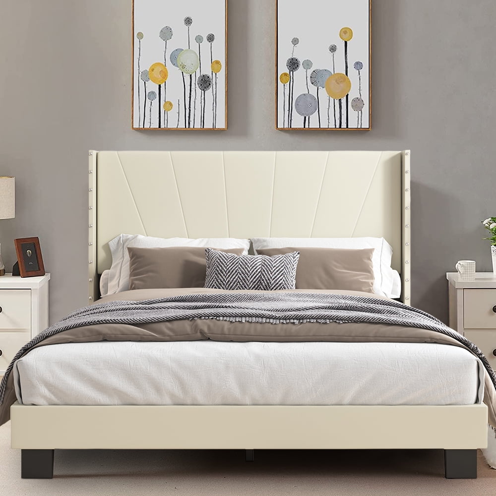 SESSLIFE Full-Size Upholstered Platform Bed with Headboard, Beige Bed ...