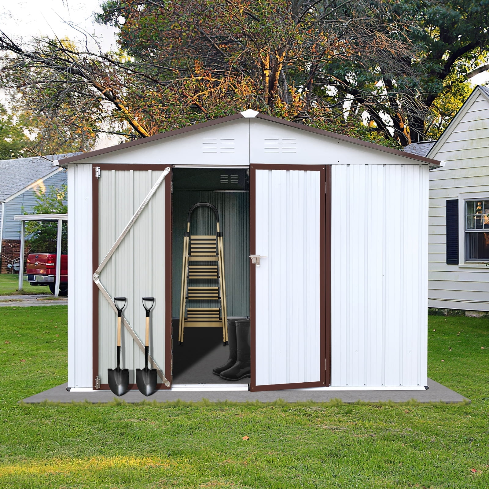 ENYOPRO Galvanized Metal Outdoor Shed with Lockable Door, Coffee Color ...