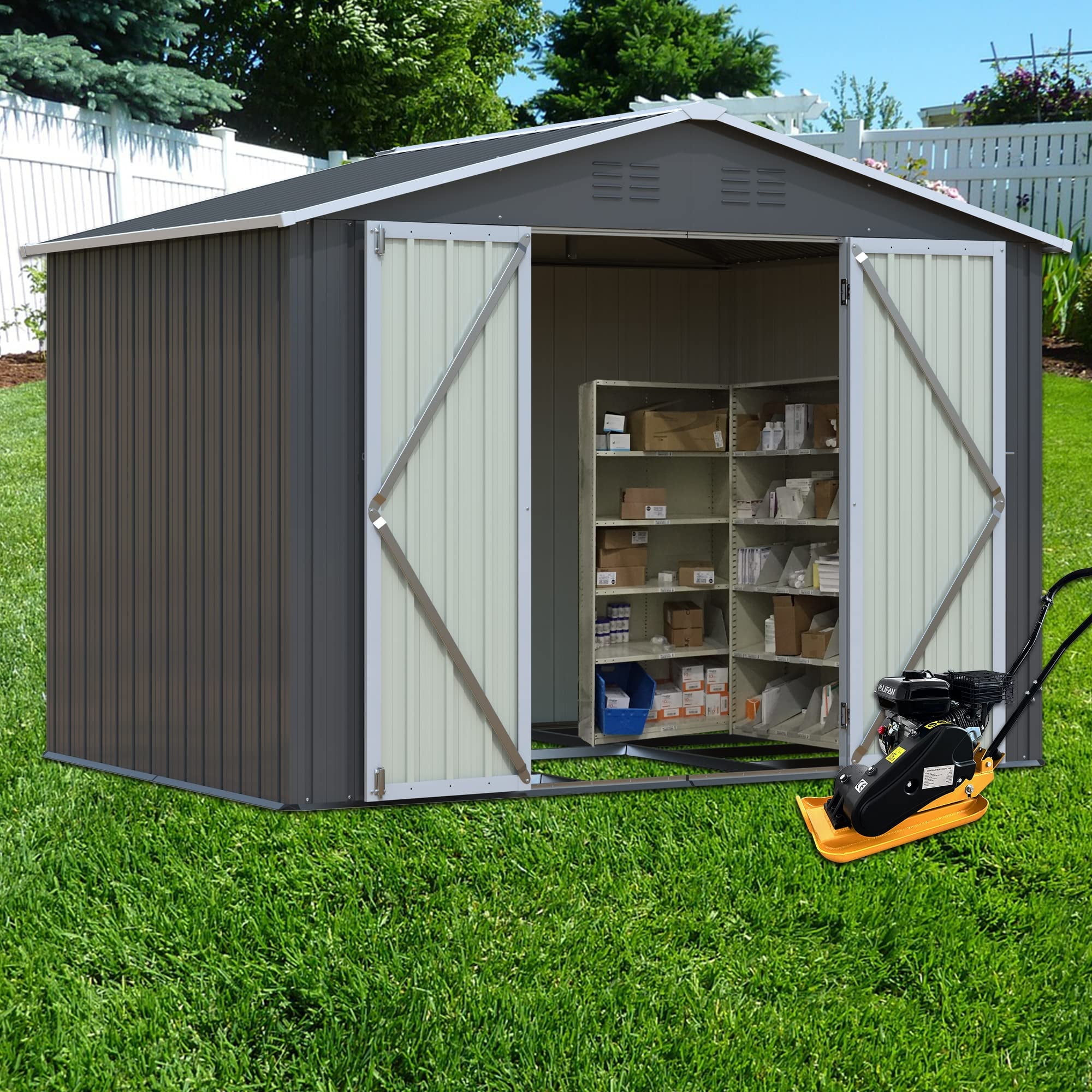 ENYOPRO Galvanized Metal Outdoor Shed with Lockable Door, Gray Outside ...