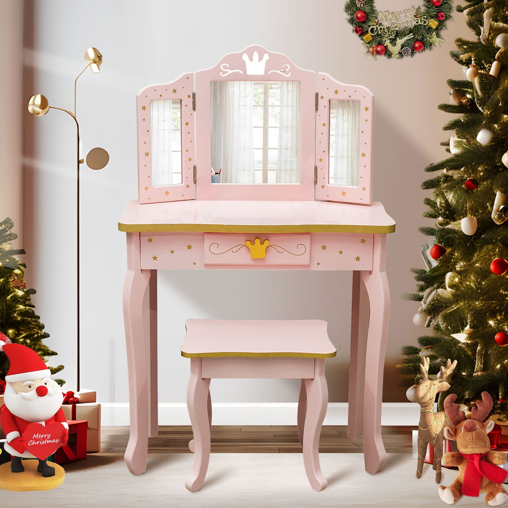SESSLIFE Kids Vanity Set with Mirror, Pink Princess Table, Chair, Stool ...