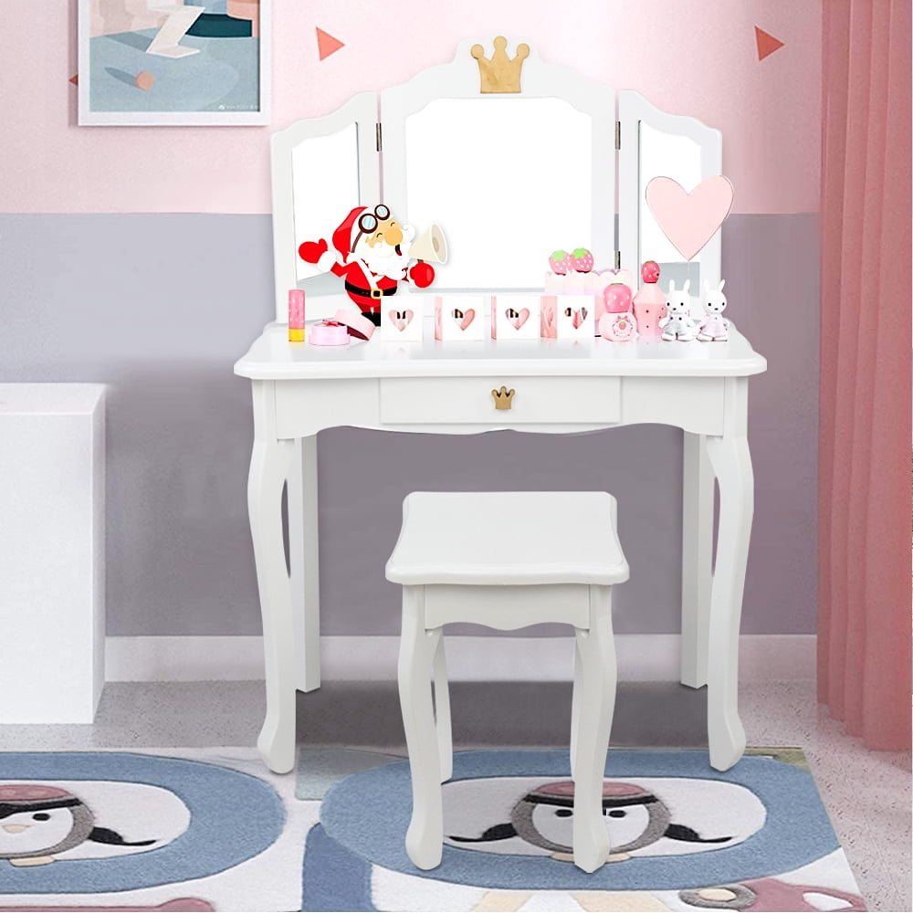 SESSLIFE Kids Vanity Table and Chair, Children Vanity Set with Mirror ...