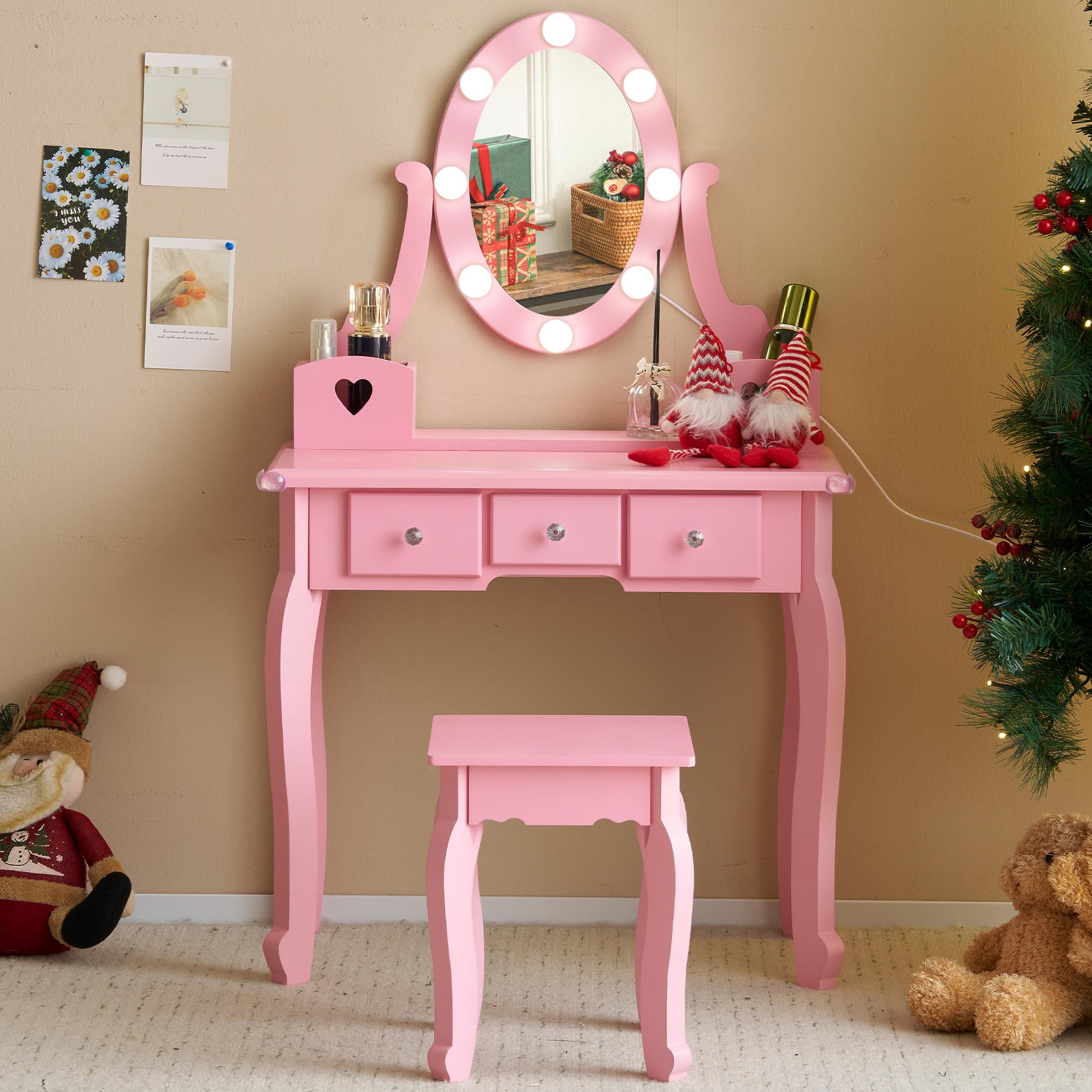 SESSLIFE Kids Vanity Set with Mirror Lights and Drawers, Wooden ...