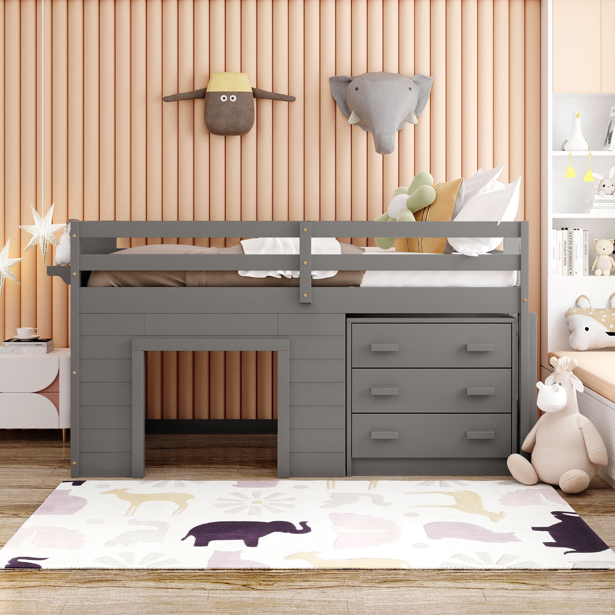 SESSLIFE Low Loft Bed with 3 Drawers, Storage Loft Bed with Wood Slat Support, Kids Room ...