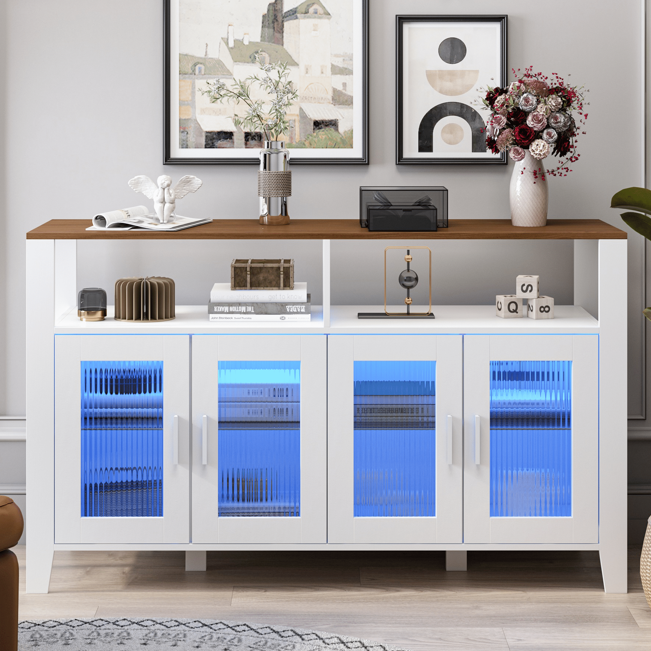 SESSLIFE Modern High Gloss Sideboard Buffet Storage Cabinet with 16 LED Lights and 2 Doors White Cupboard for Kitchen Dining Room and Living Room