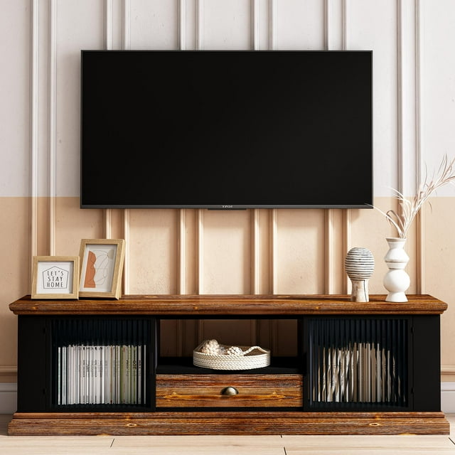 SESSLIFE Farmhouse TV Stand for 55 Inch TV, LED Lights Entertainment ...