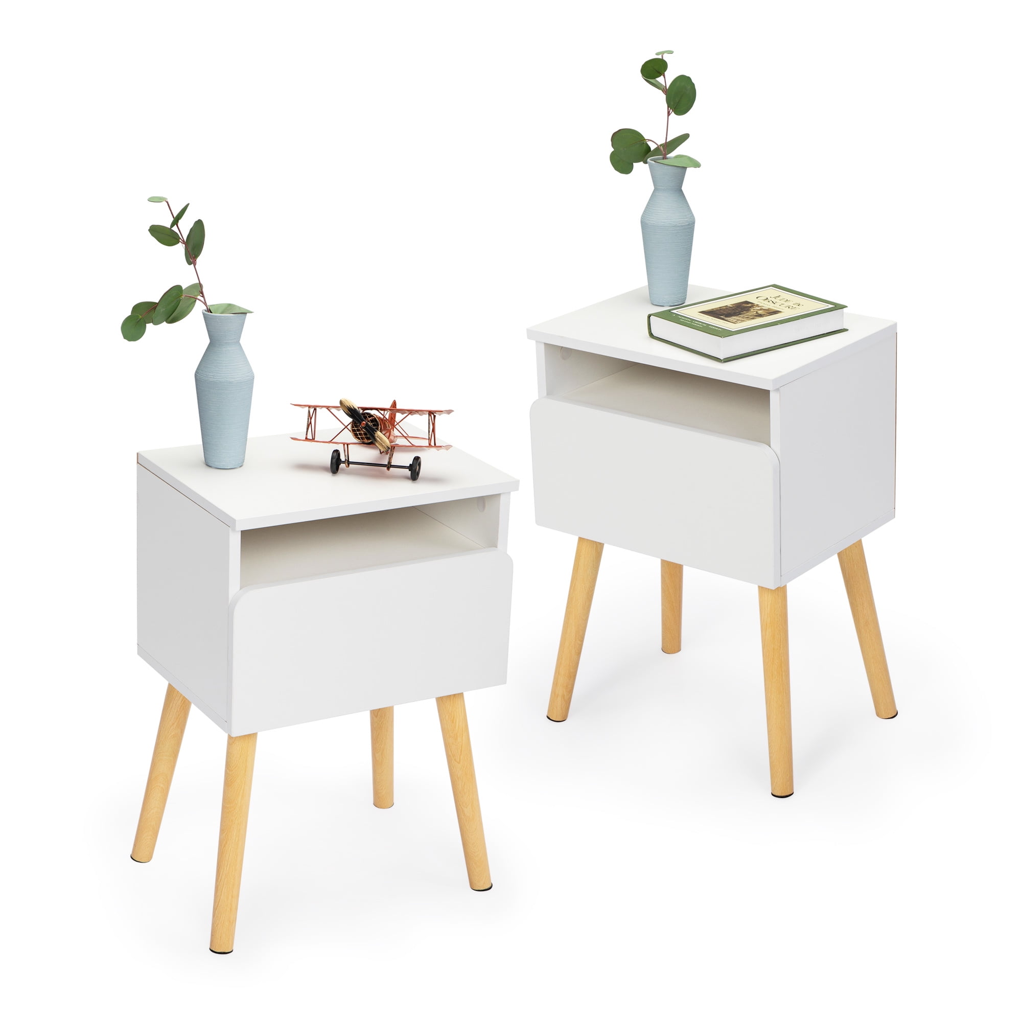 SESSLIFE Night Stand Set of 2, Solid Wood Legs Furniture Bedside Table ...