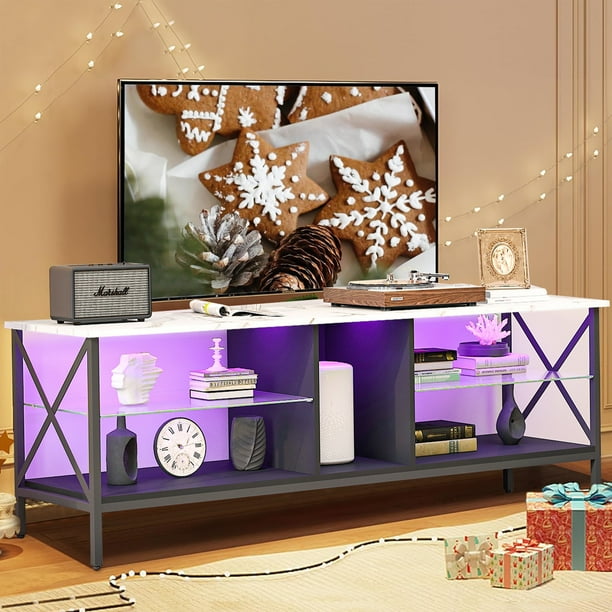 SESSLIFE 70 Inch TV Stand with RGB LED Lights, White Entertainment ...