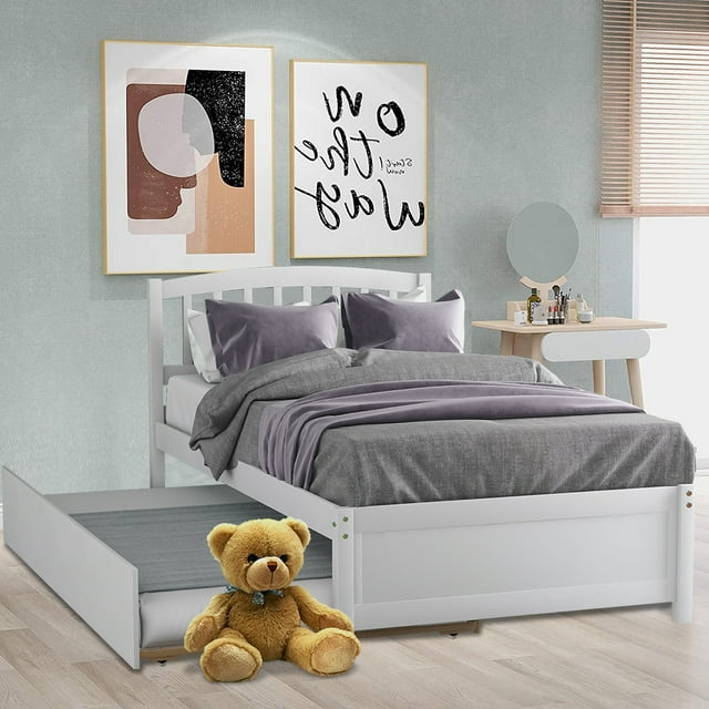 SESSLIFE Twin Bed Frame with Trundle, Solid Pine Wood Kids Twin ...