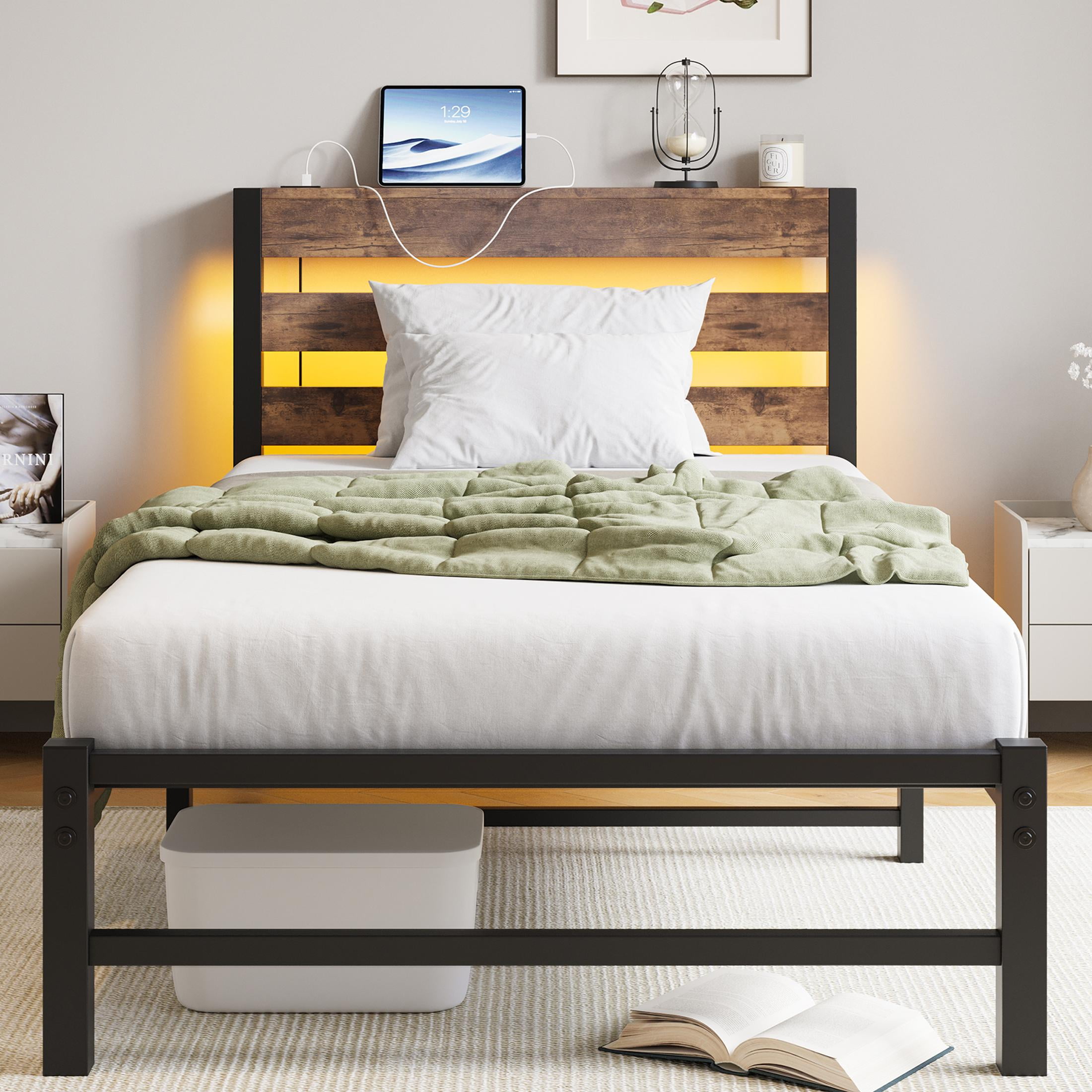 SESSLIFE Twin Size Bed Frame with LED Light and USB Charging Station ...
