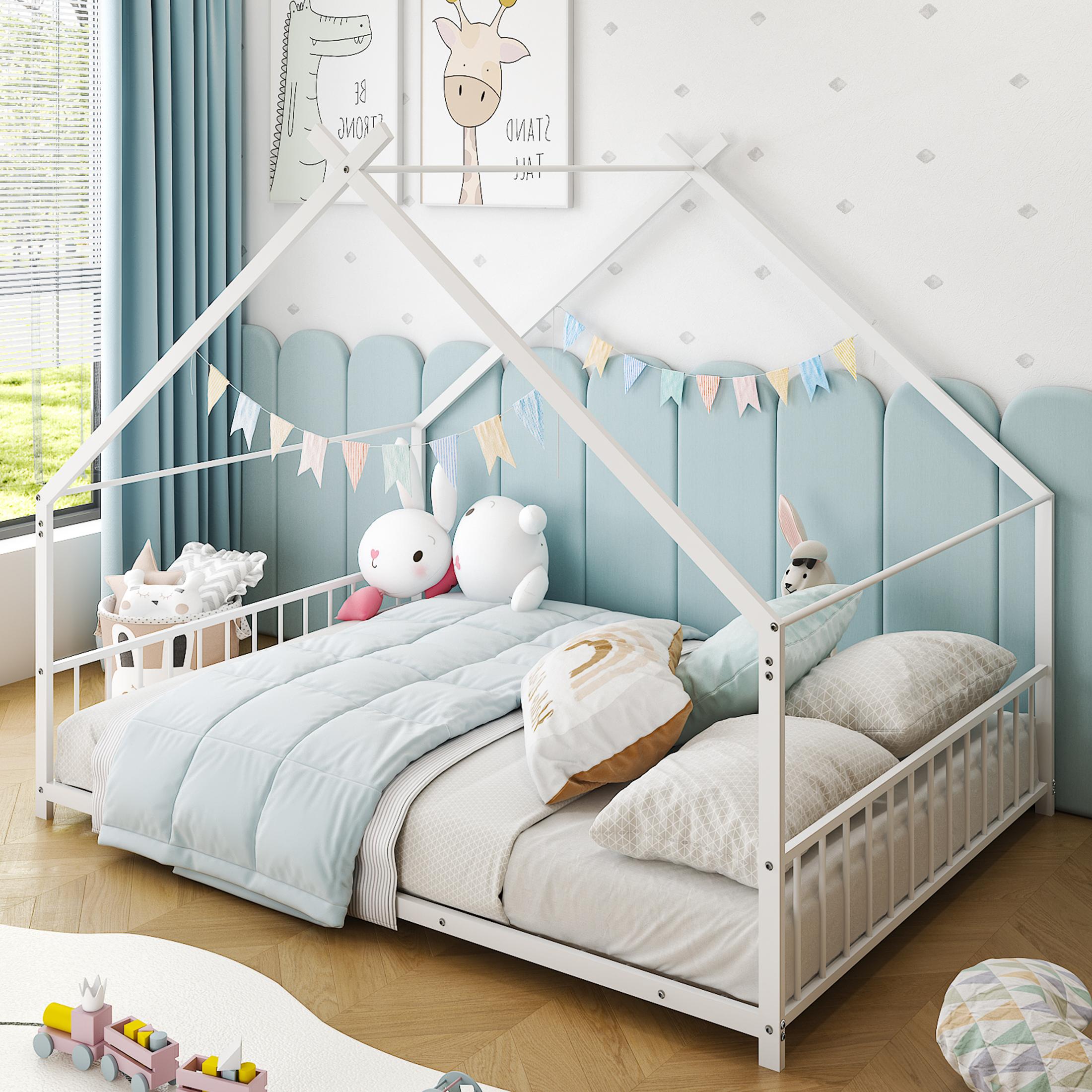 Twin House Bed with Roof and Chimney, Kids Floor House Bed Frame, Box ...
