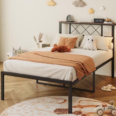 uhomepro Rustic Twin Bed Frame with Headboard, Black Metal, No Box ...