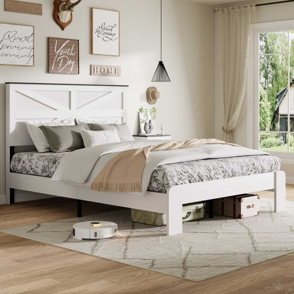 White Full Size Platform Bed Frame with Headboard & Footboard, Modern ...