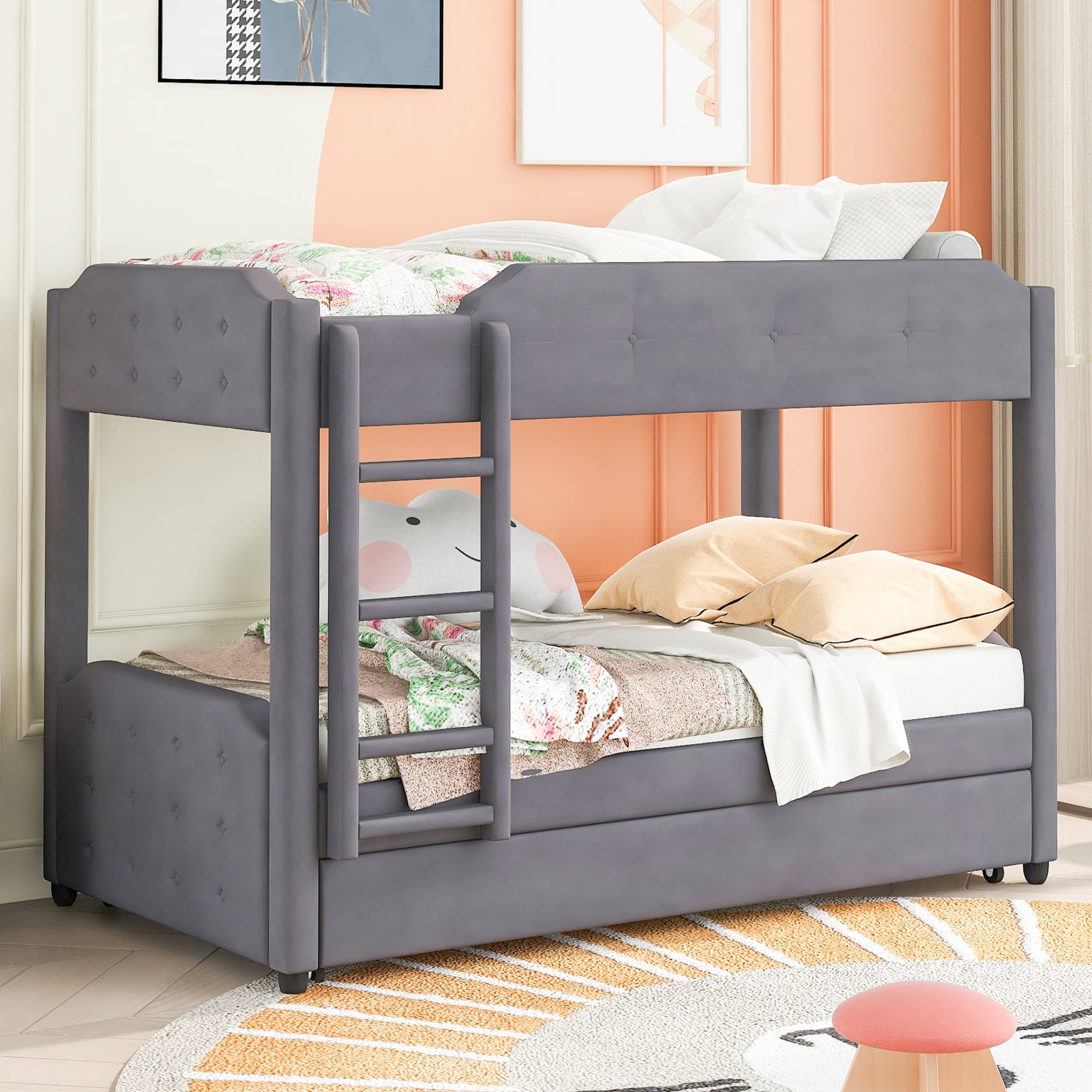 SESSLIFE Upholstered Solid Wood Bunk Bed with Trundle, Twin Over Twin ...