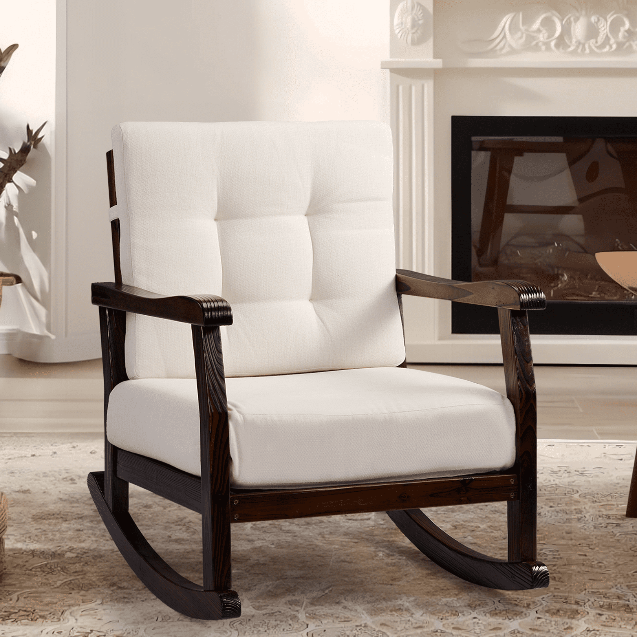 SESSLIFE Upholstered Wood Rocking Chair, Comfy Nursery Rocker with Soft ...