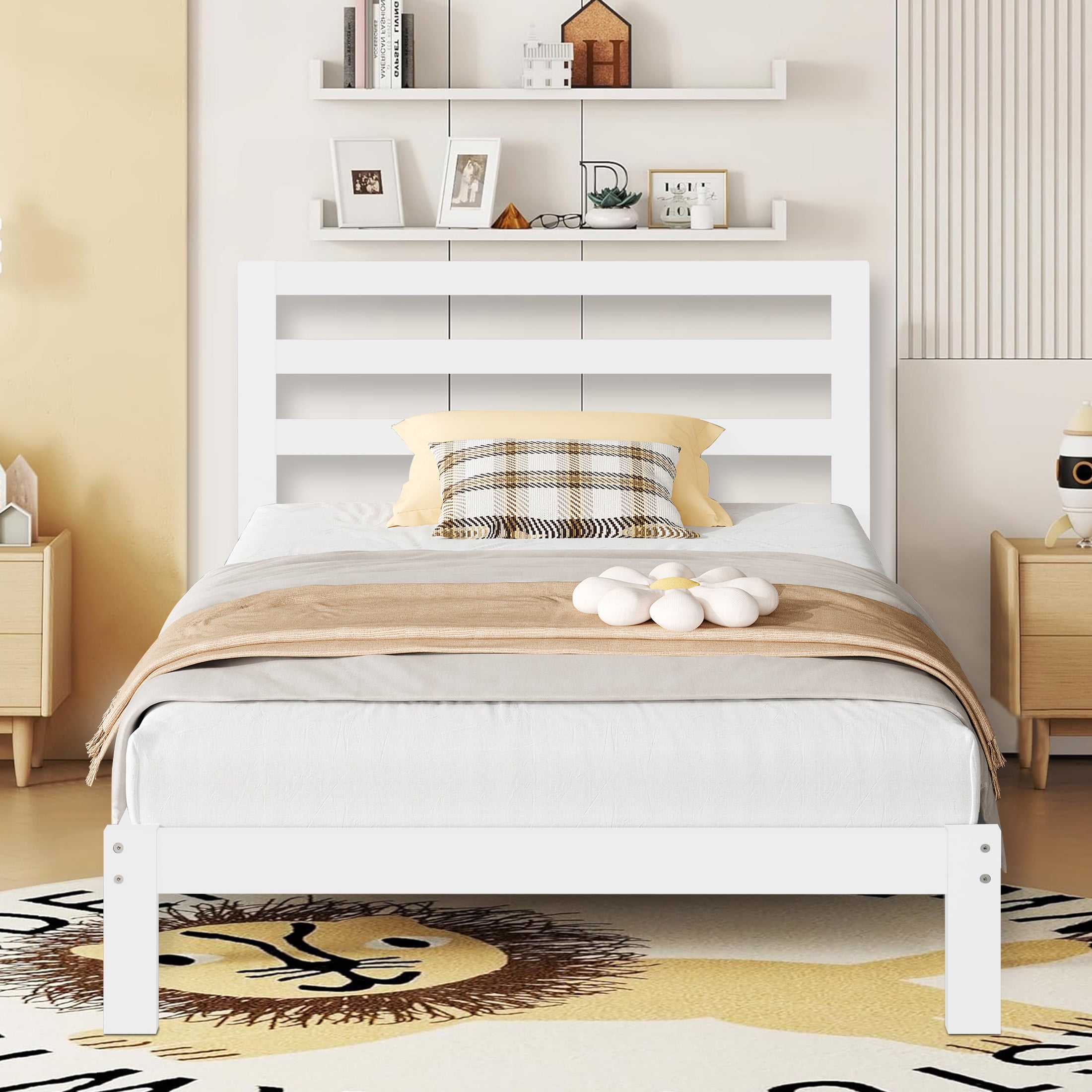 SESSLIFE White Twin Wood Bed Frame Wood Platform Bed w Headboard Adults Kids Modern Bed Frame No Box Spring Needed Easy Assembly