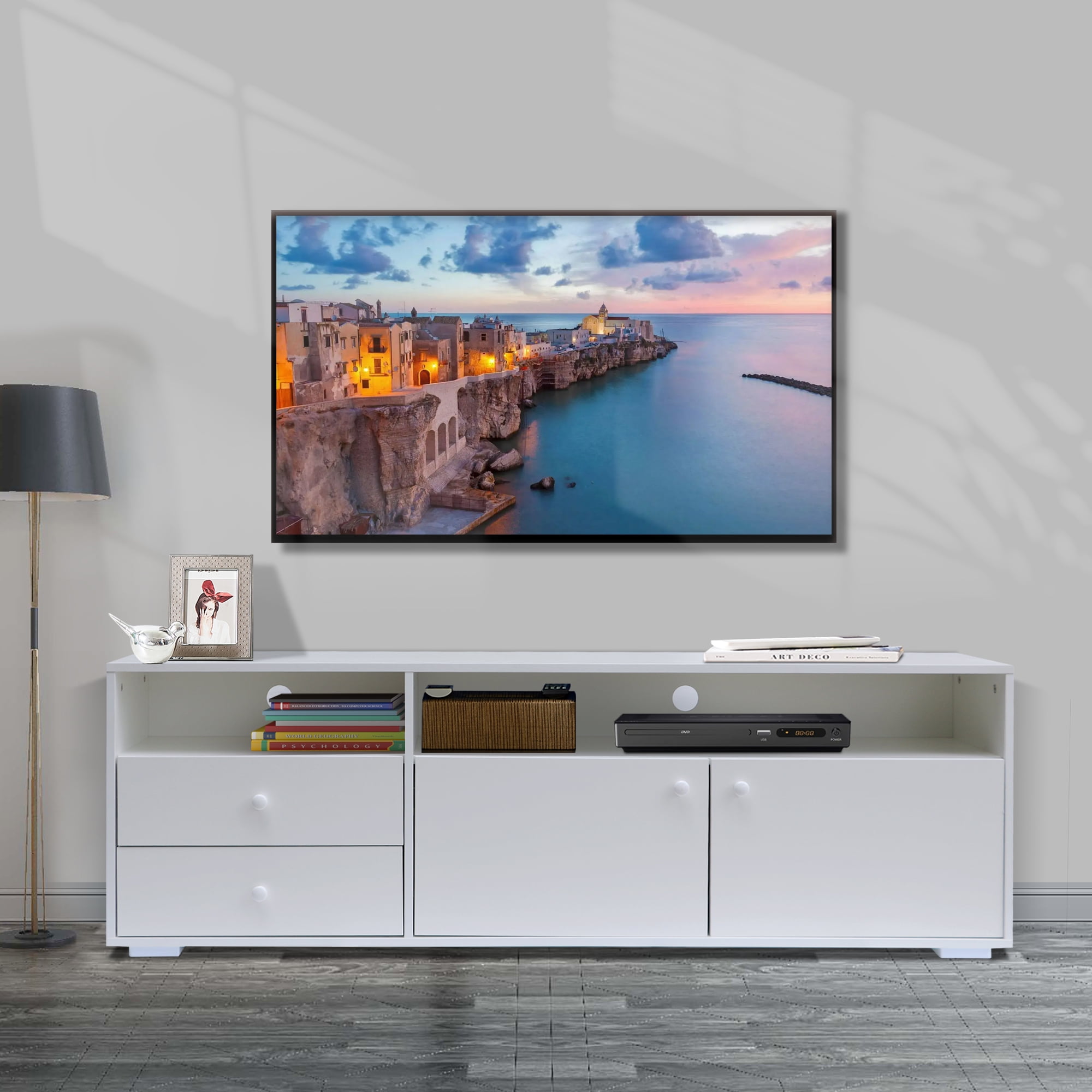 SESSLIFE Wood TV Stand for 70'' TV, White Television Stands with ...