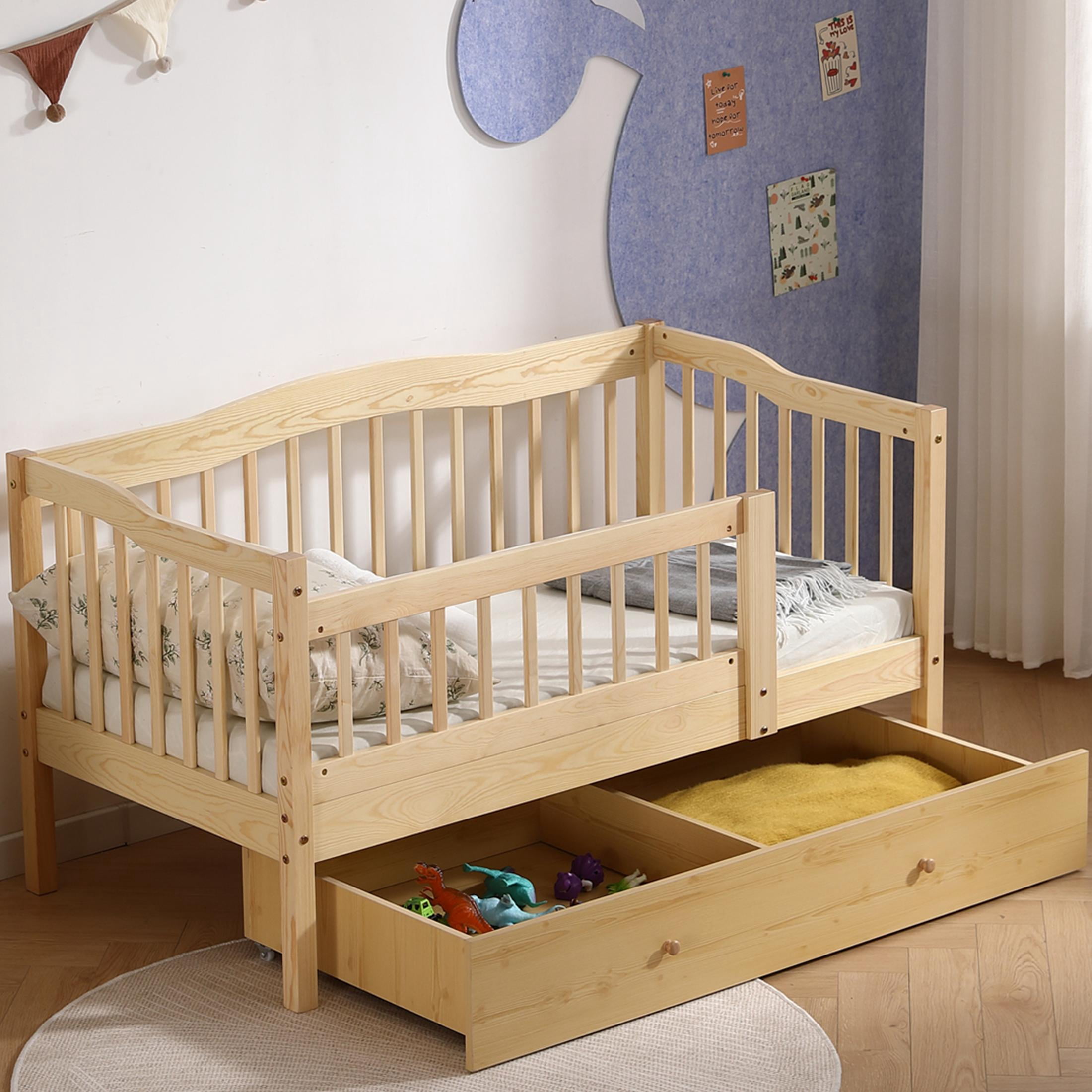 SESSLIFE Wood Toddler Day Bed with 2 Pull-Out Drawers, Kid Bed Frame ...