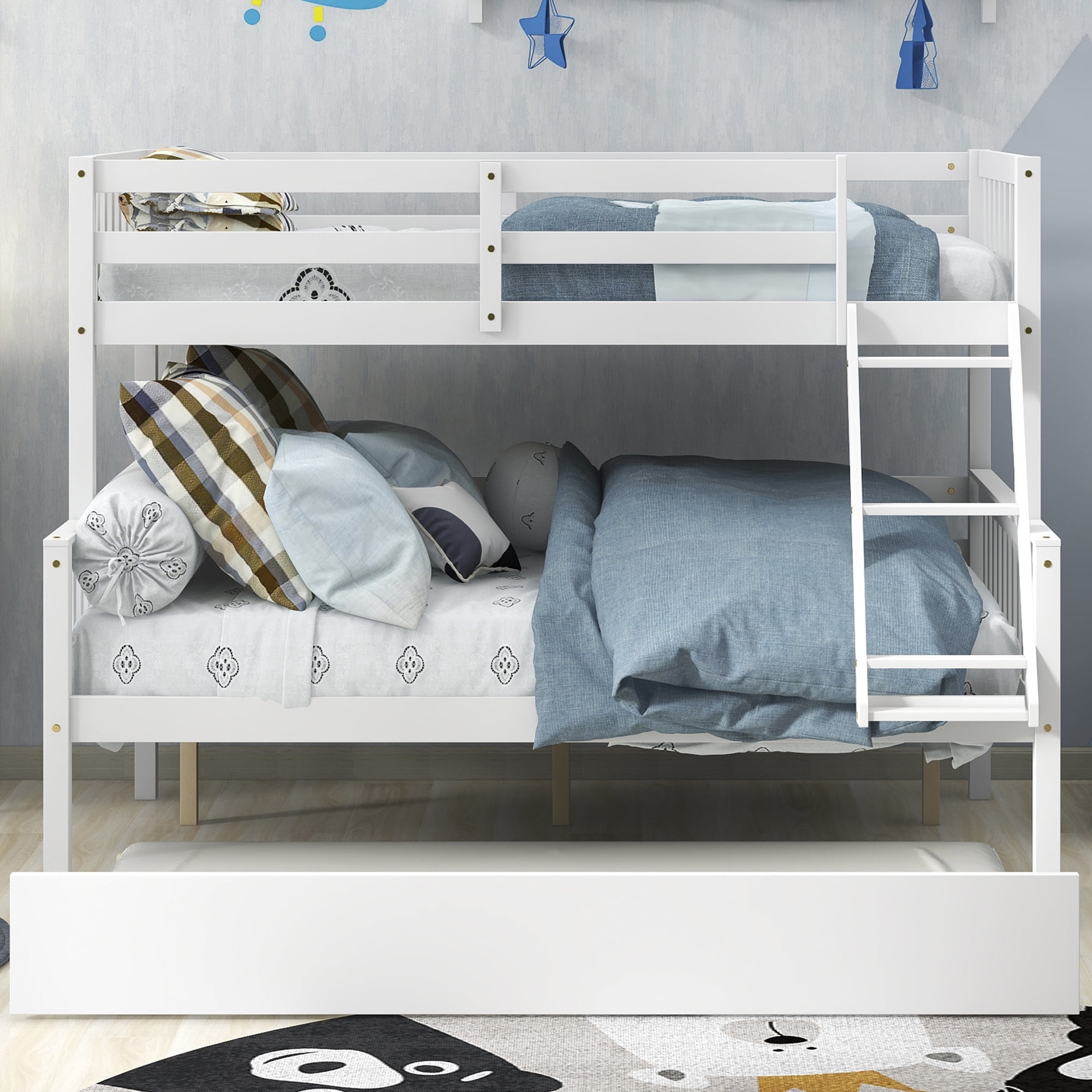 SESSLIFE Wood Trundle Bed Frame, Twin over Full Bunk Beds with Ladder ...