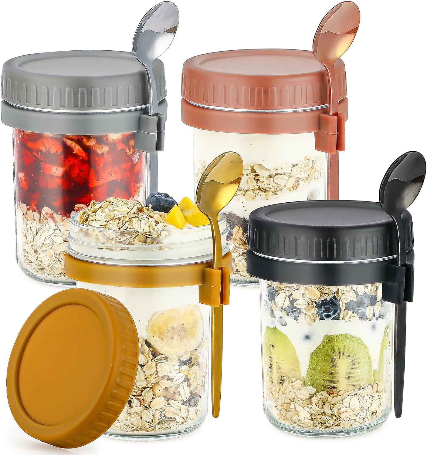 SET OF 4: Enjoy carefree mornings with our colorful 16 oz overnight oat containers with airtight ...