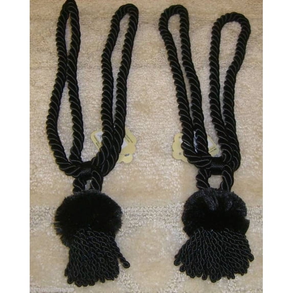 Set of 2 Black Rope Cord Drapery Holdbacks - Curtain Tie Backs with ...