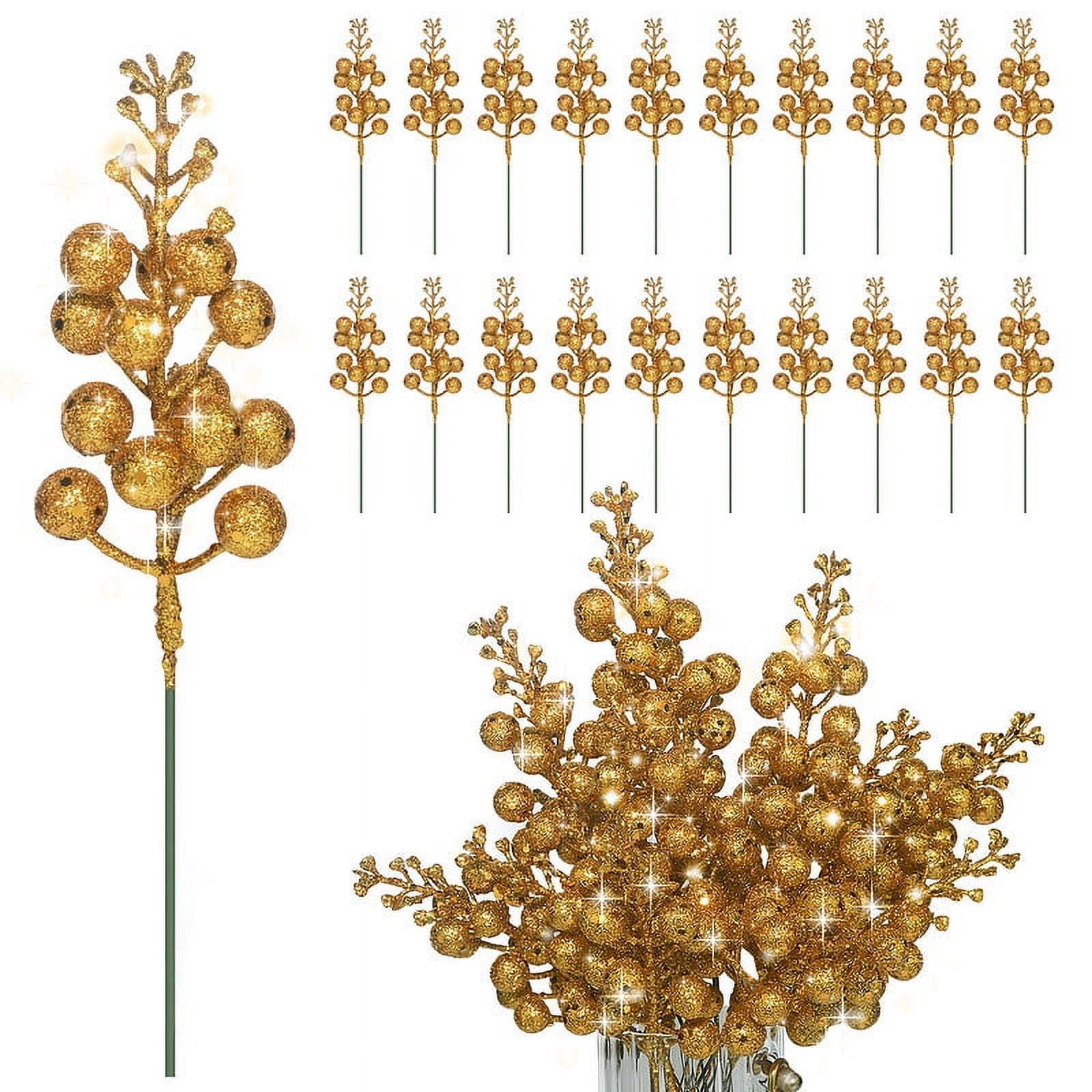 20 Pack Glitter Gold Berry Stems, 7.8inch, Ideal for Xmas Tree, Wreath ...