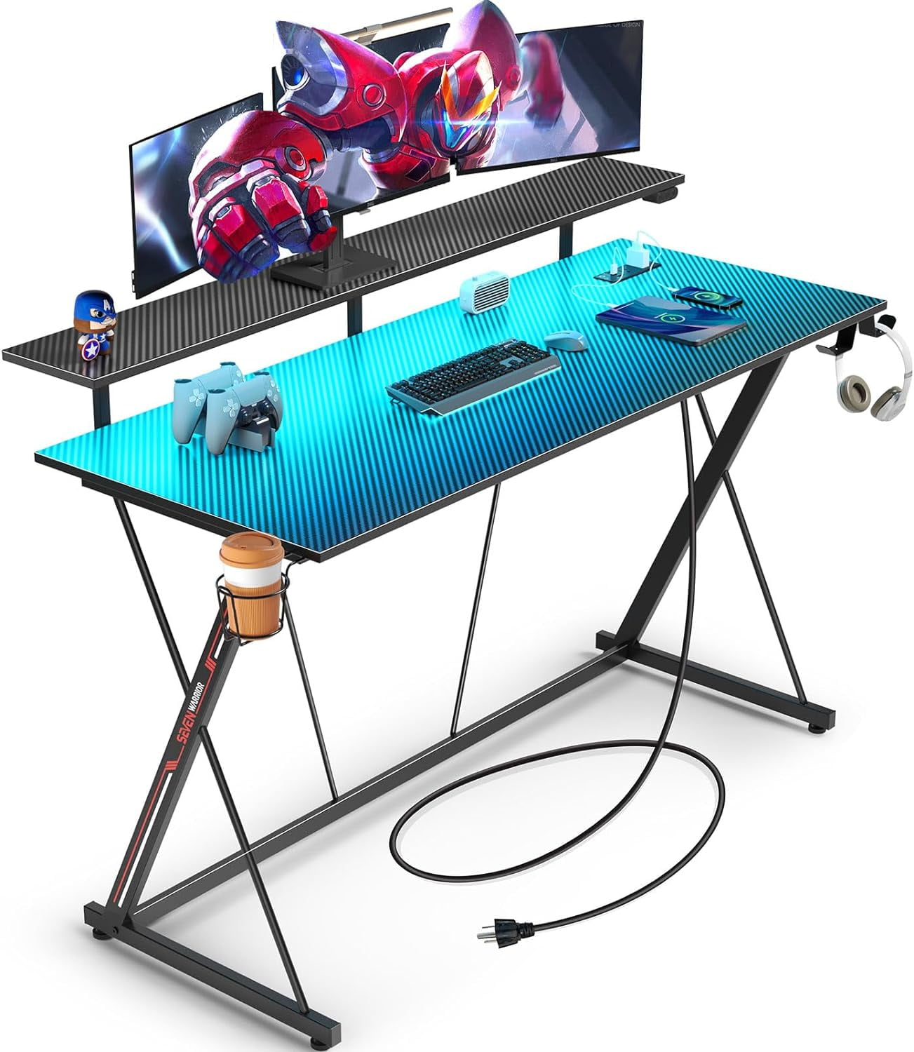 SEVEN WARRIOR Gaming Desk with LED Lights & Power Outlets, 47" Computer ...