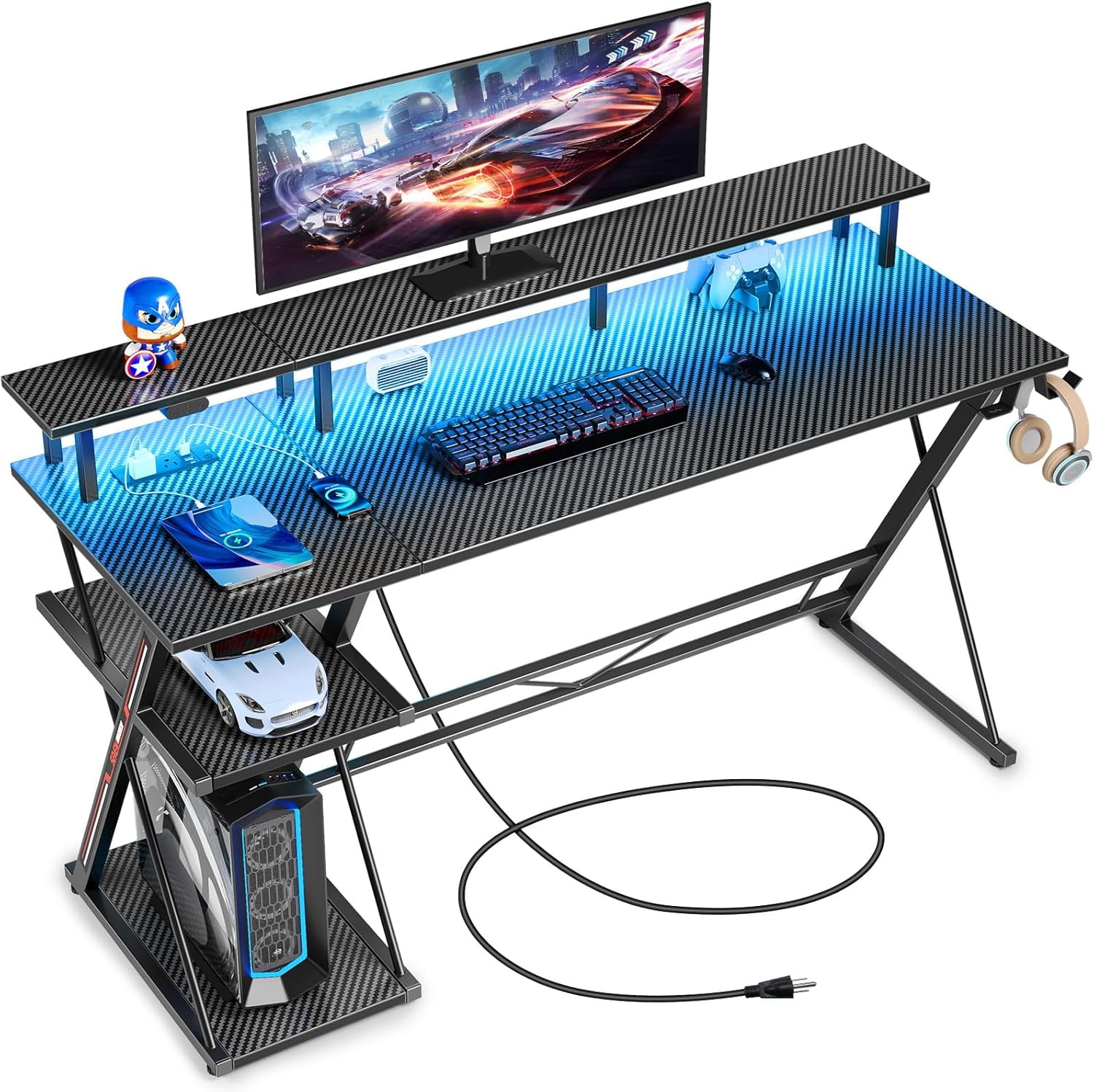 SEVEN WARRIOR Gaming Desk with LED Lights & Power Outlets, 55" Computer ...