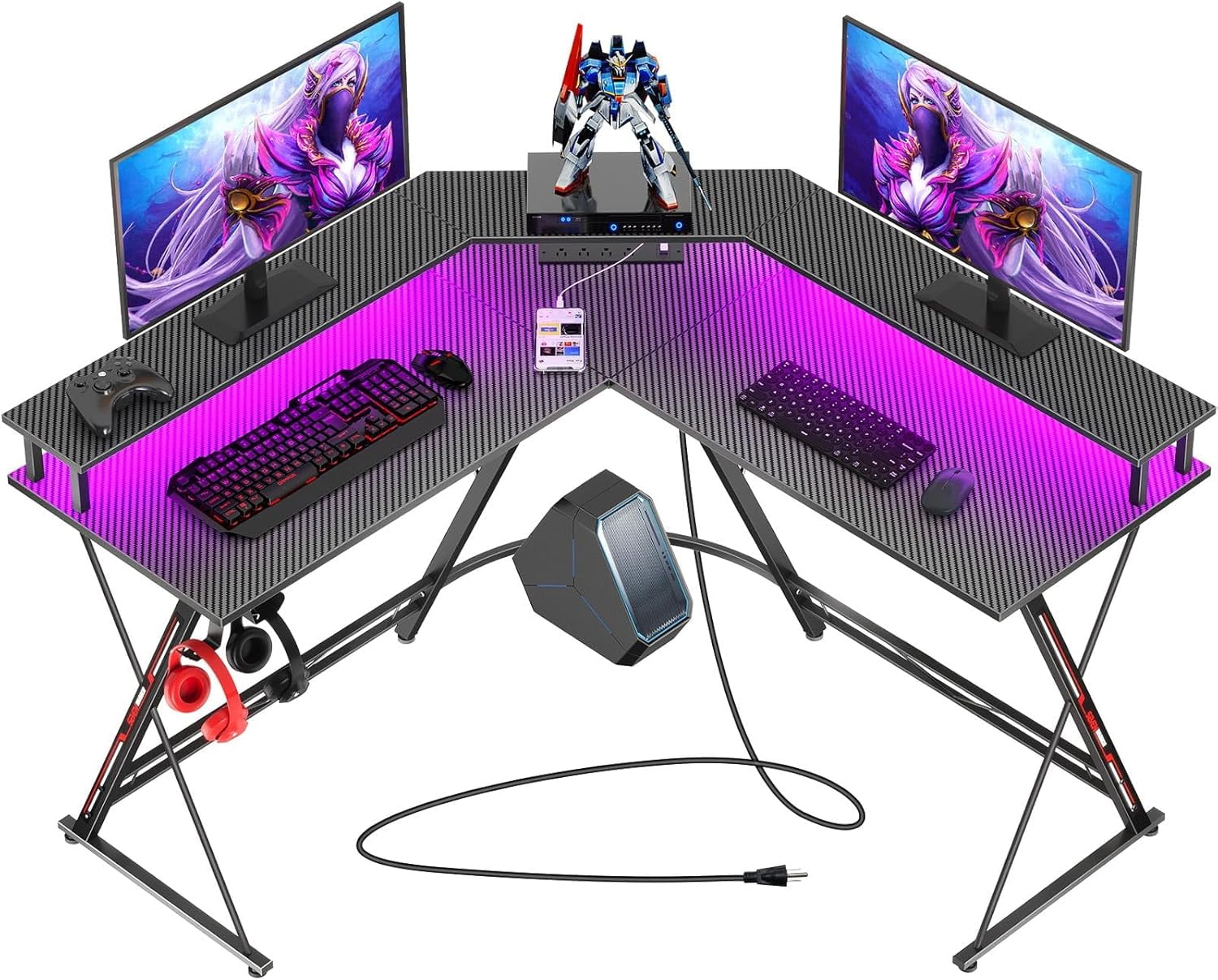 SEVEN WARRIOR L Shaped Gaming Desk with LED Lights & Power Outlets, 50. ...