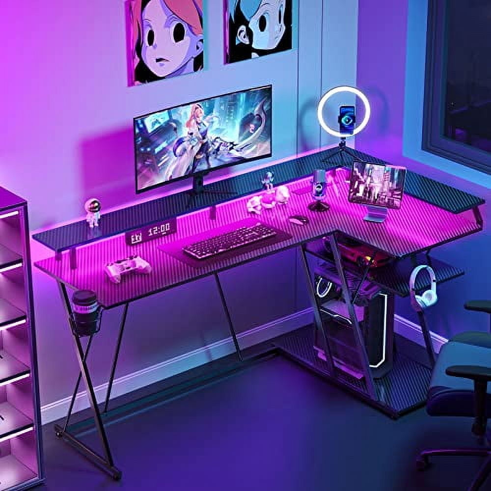 SEVEN WARRIOR L Shaped Gaming Desk with LED Lights & Power Outlets, 55” Reversible Corner Desk ...