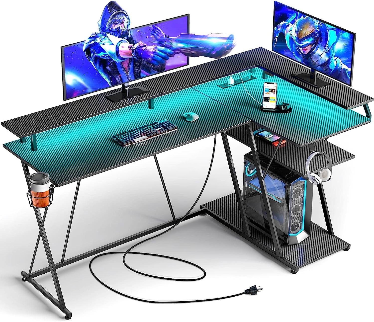 SEVEN WARRIOR L Shaped Gaming Desk with LED Lights & Power Outlets, 55 ...