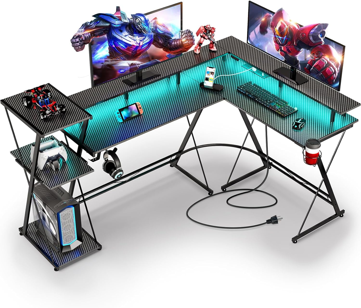 SEVEN WARRIOR L Shaped Gaming Desk with LED Lights & Power Outlets, 58 ...