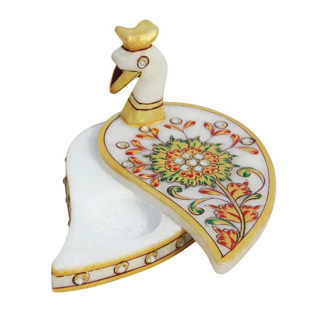 SEVLIYA Traders Handmade Peacock Shape Marble Rolisindoorkumkum BoxRoli Chawal Chopra Made of ...