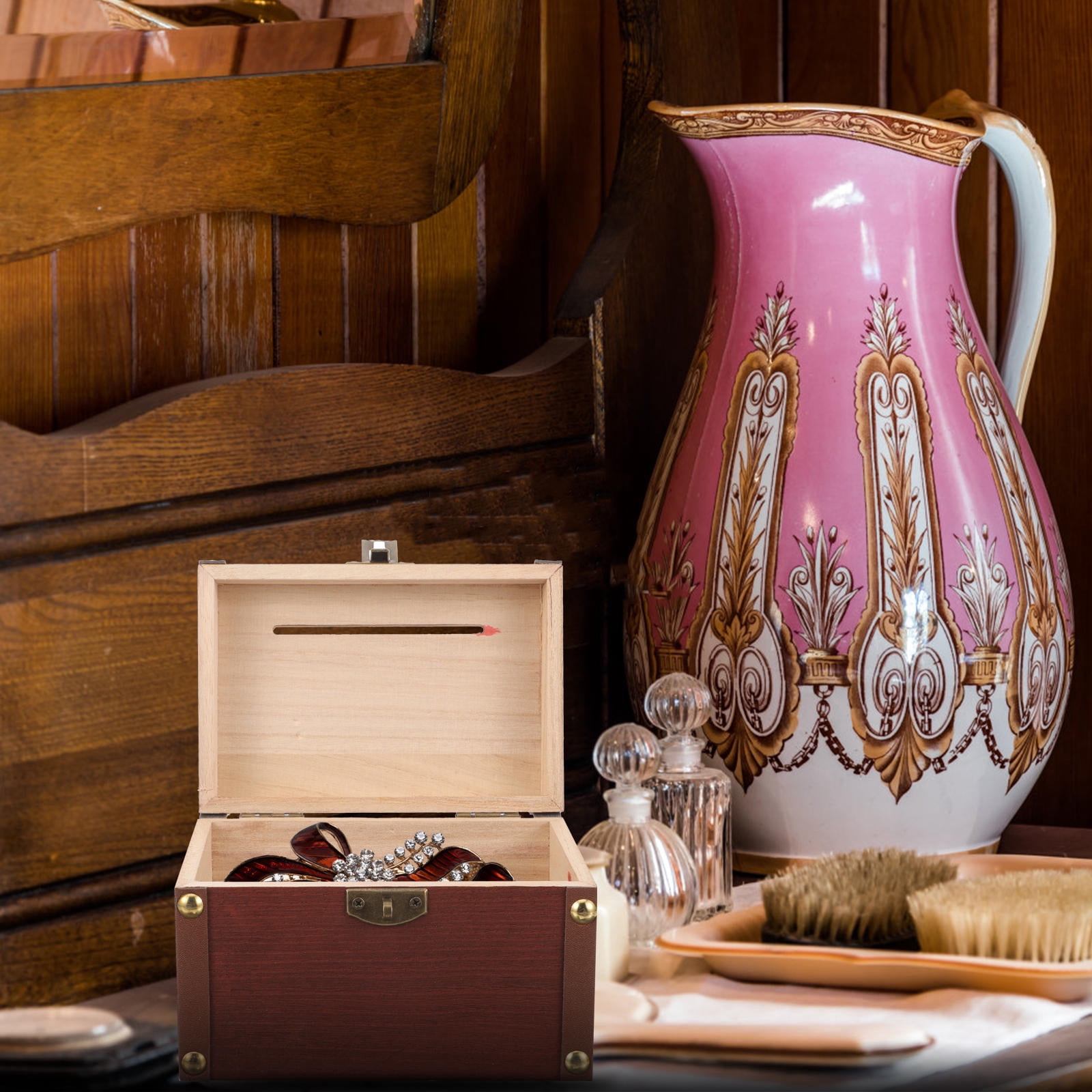 SEWACC 1Set Chest With Lock Wooden Jewelry Storage Box Antique Style ...