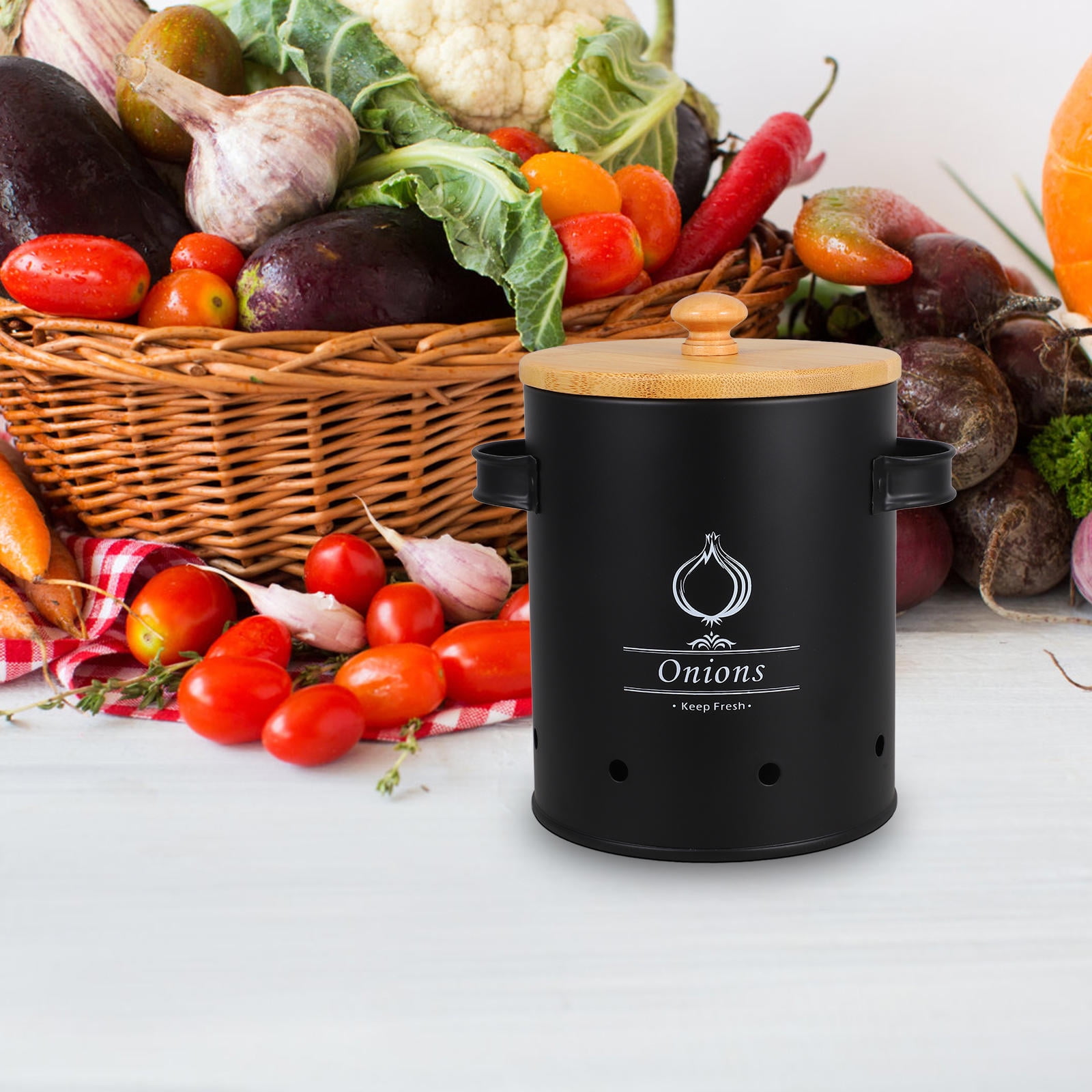 SEWCHICS Black Iron Potato and Onion Storage Canister with Lid for ...