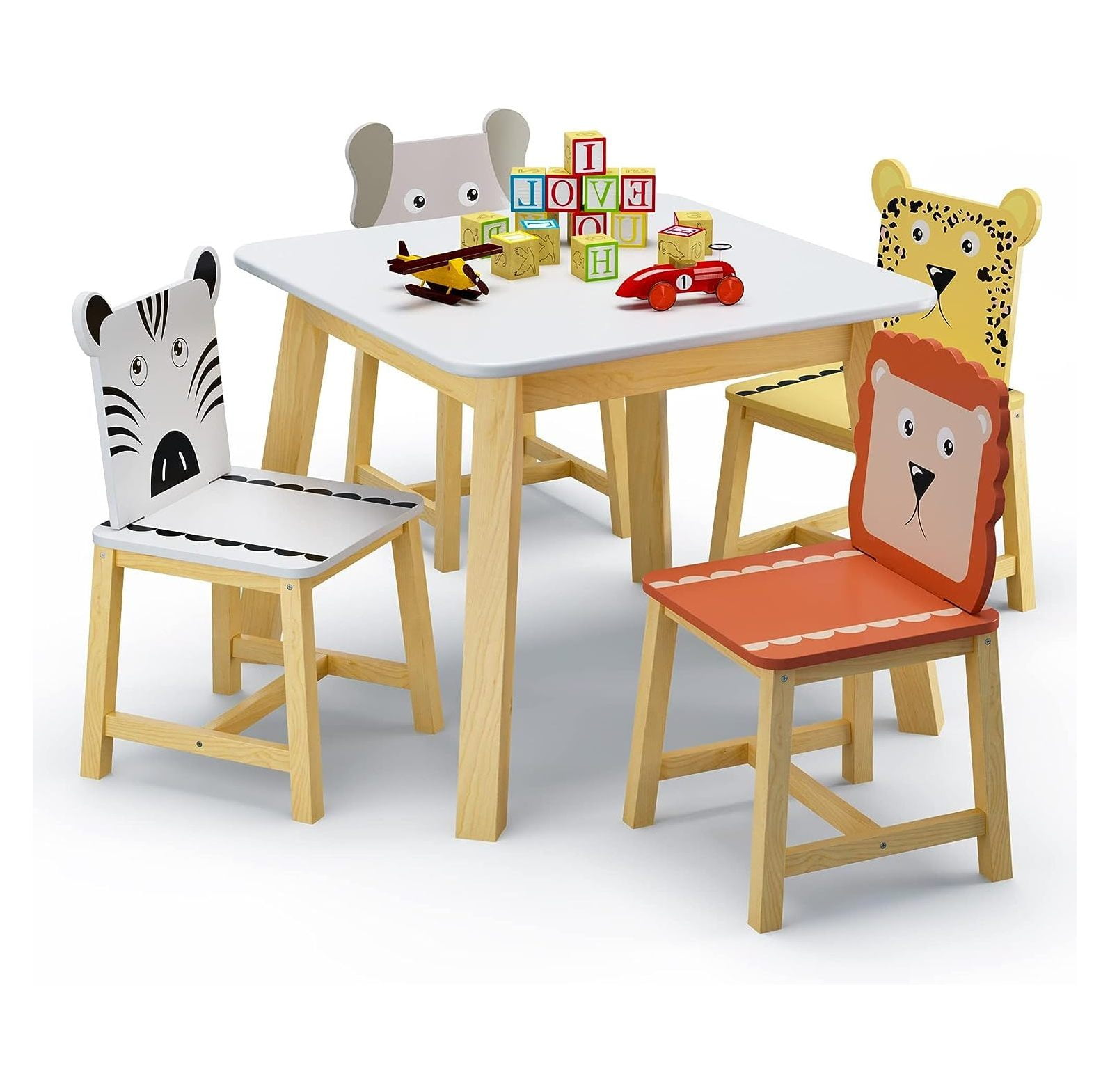 SEYATPOOL Kids Table with 4 Chairs Set, 5 Pieces Cartoon Animals ...