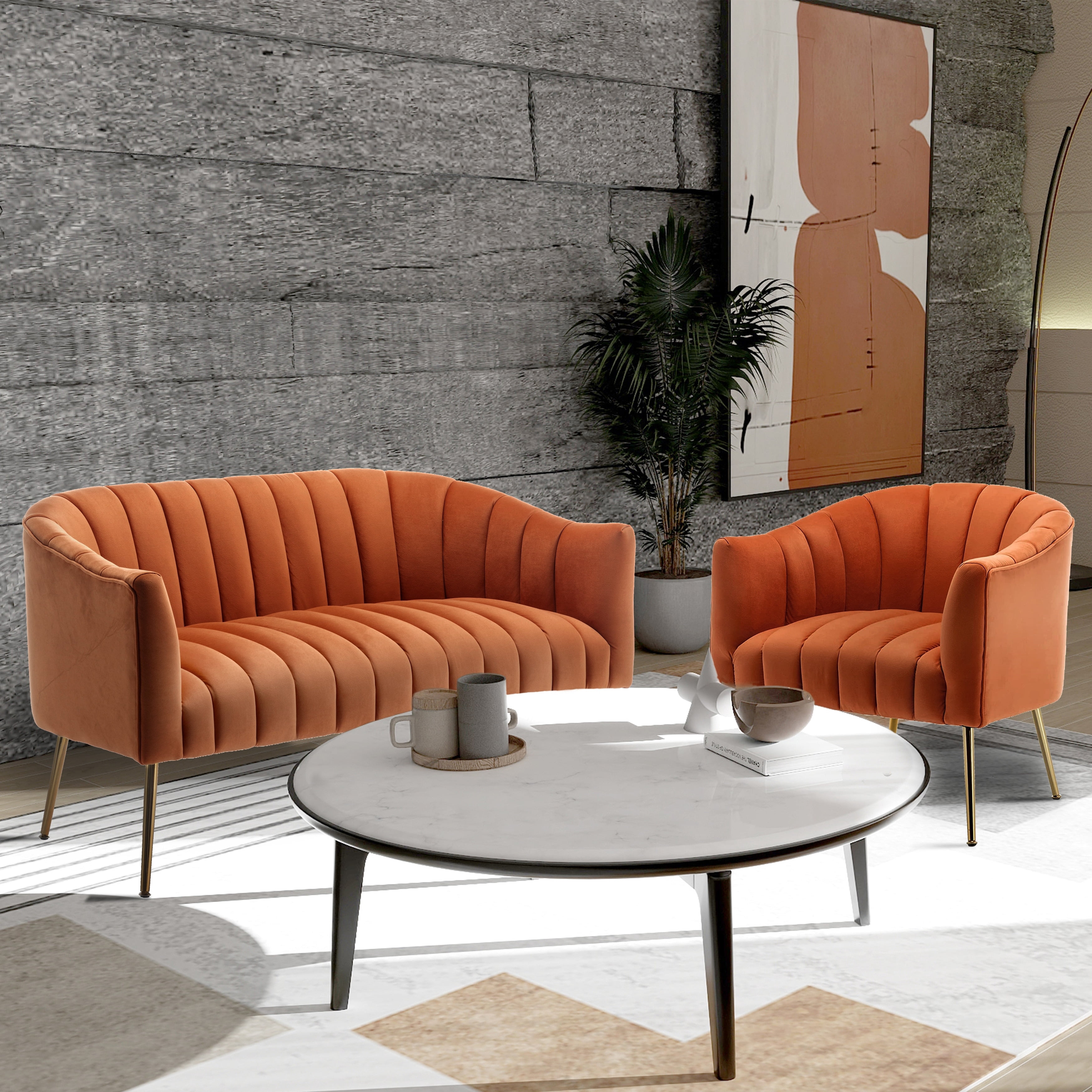 SEYNAR Velvet Upholstered Accent Chair and Loveseat Set Orange ...